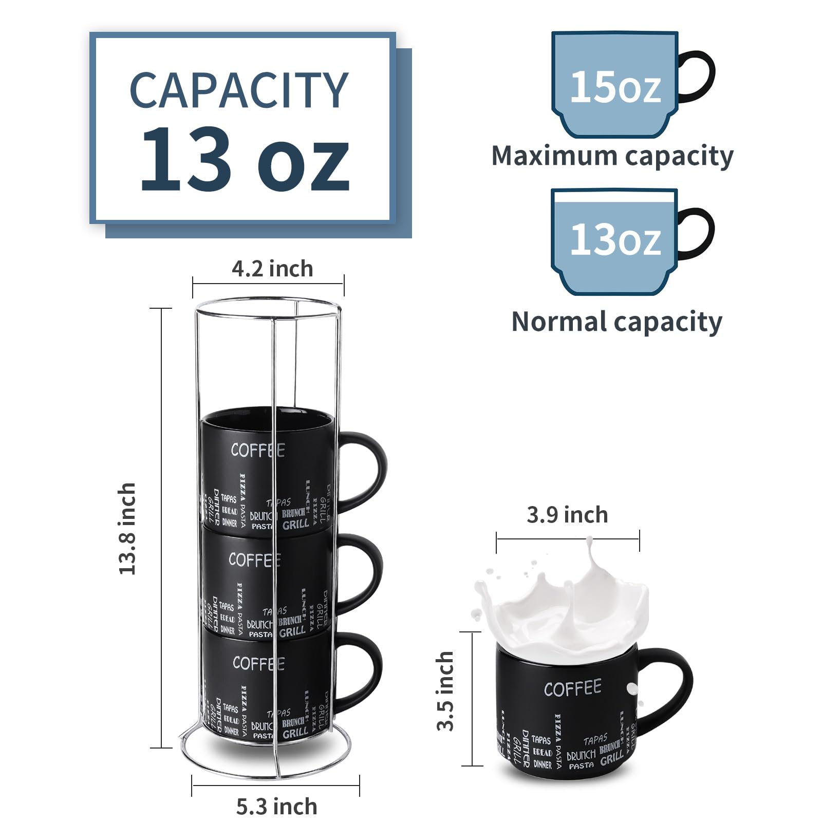 Hasense Stackable Coffee Mugs Set of 4 with Rack, 15 OZ White Large Ceramic Coffee Cups with Stand for Coffee, Cappuccino, Cocoa, Latte, Tea, Milk and Soup, Farmhouse Decor