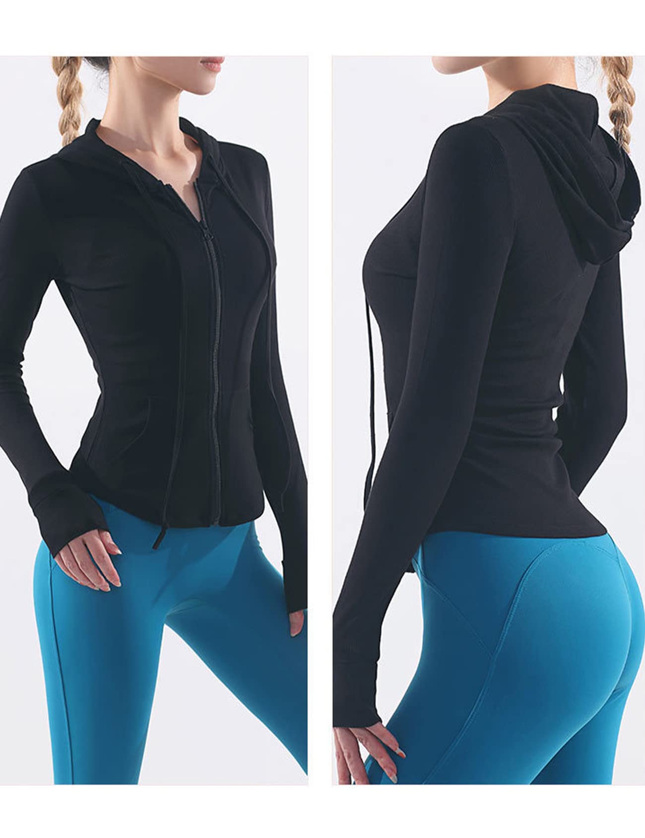 Gihuo Women' s Running Yoga Jacket Full Zip Athletic Workout Hooded Jacket(Black-M)