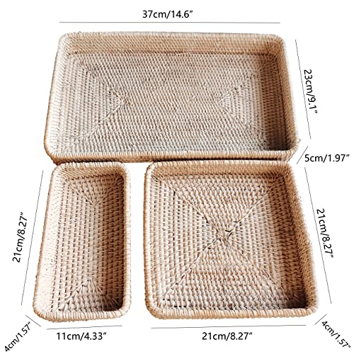 Set of 3 Handmade White Rattan Rectangle Serving Tray Washed White Wicker Serving Organizer Tabletop Fruit Platter with 2”Wall 14 Inch Decorative Bread Drinks Snack Storage Serving Basket Tray