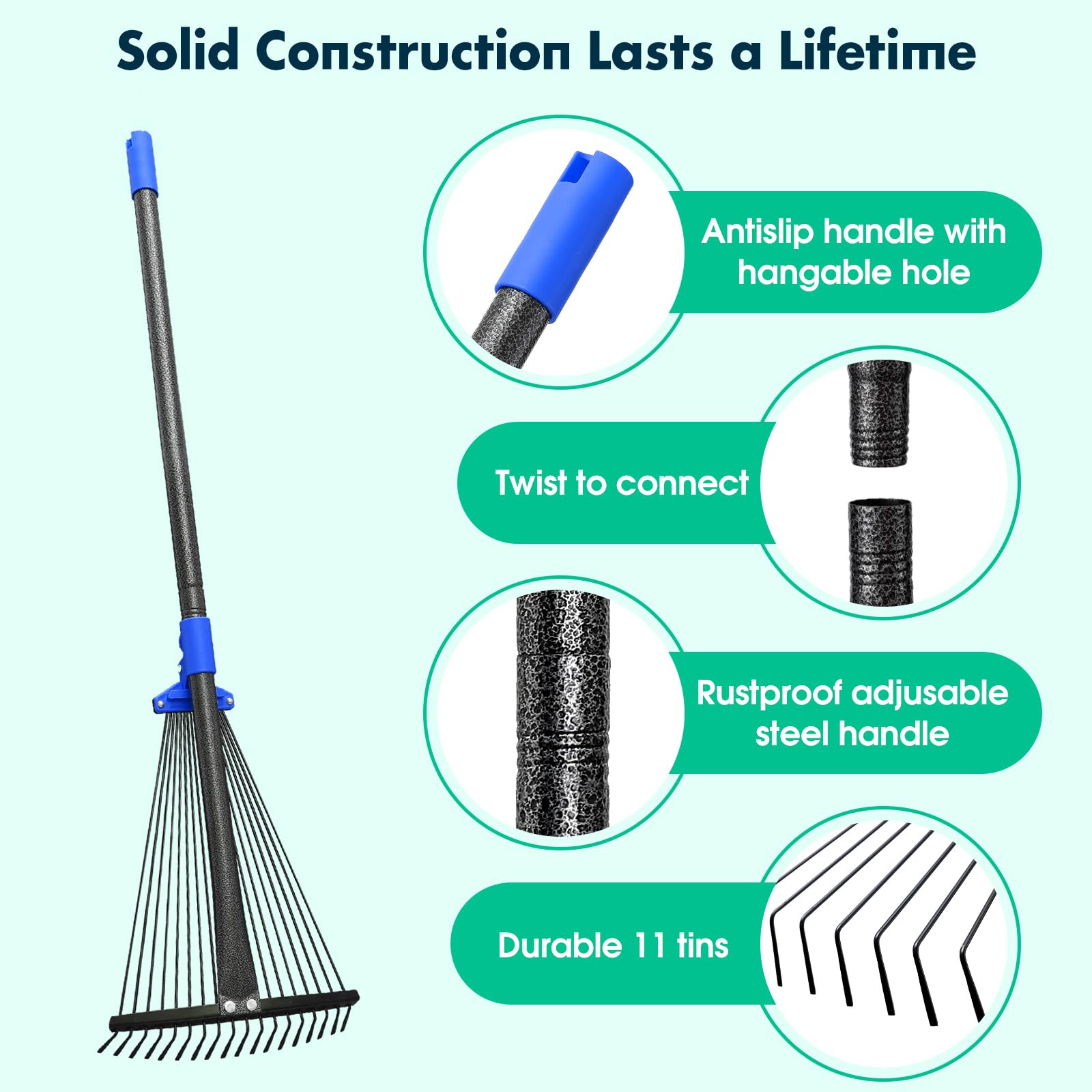 Garden Leaf Rake with Expandable Head from 9.5 inch to 17 inch, Collapsible Lawn Rake with Adjustable 53 Inch Splicing Handle, Heavy Duty Metal Rake for Lawn Yard, Flowers Beds and Roof