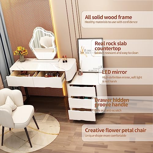 Vanity Desk, Vanity Table Made of Solid Wood, Features Modern Sintered Marble Top, Rotatable/Removable Touch Screen HD Mirror(3-Brigntness), Vanity Set with Chair (47.2IN/120CM)
