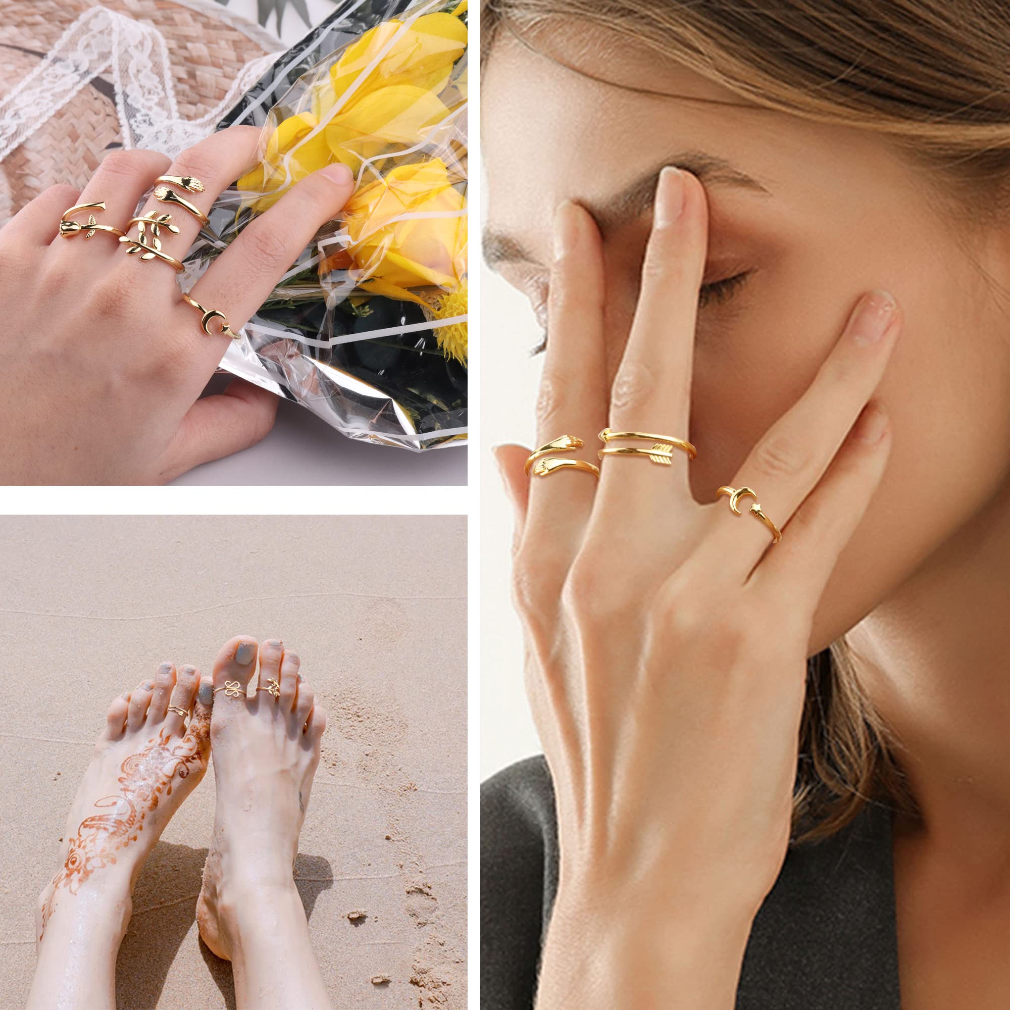 FASACCO 12Pcs Arrow Leaf Cross Hug Rings for Women Open Rings Set Adjustable Stackable Knuckle Thumb Rings 14K Gold Plated Heart Moon Star Joint Finger Rings Gold Tone