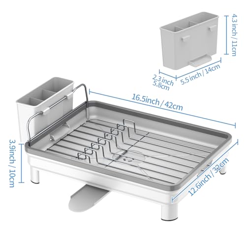 Ewaiira Dish Drying Rack, Dish Racks for Kitchen Counter, Anti-Rust Dish Dryer Rack with 360° Swivel Spout Drainboard Set, Utensil Holder and Cup Holder for Kitchen Countertop (White)