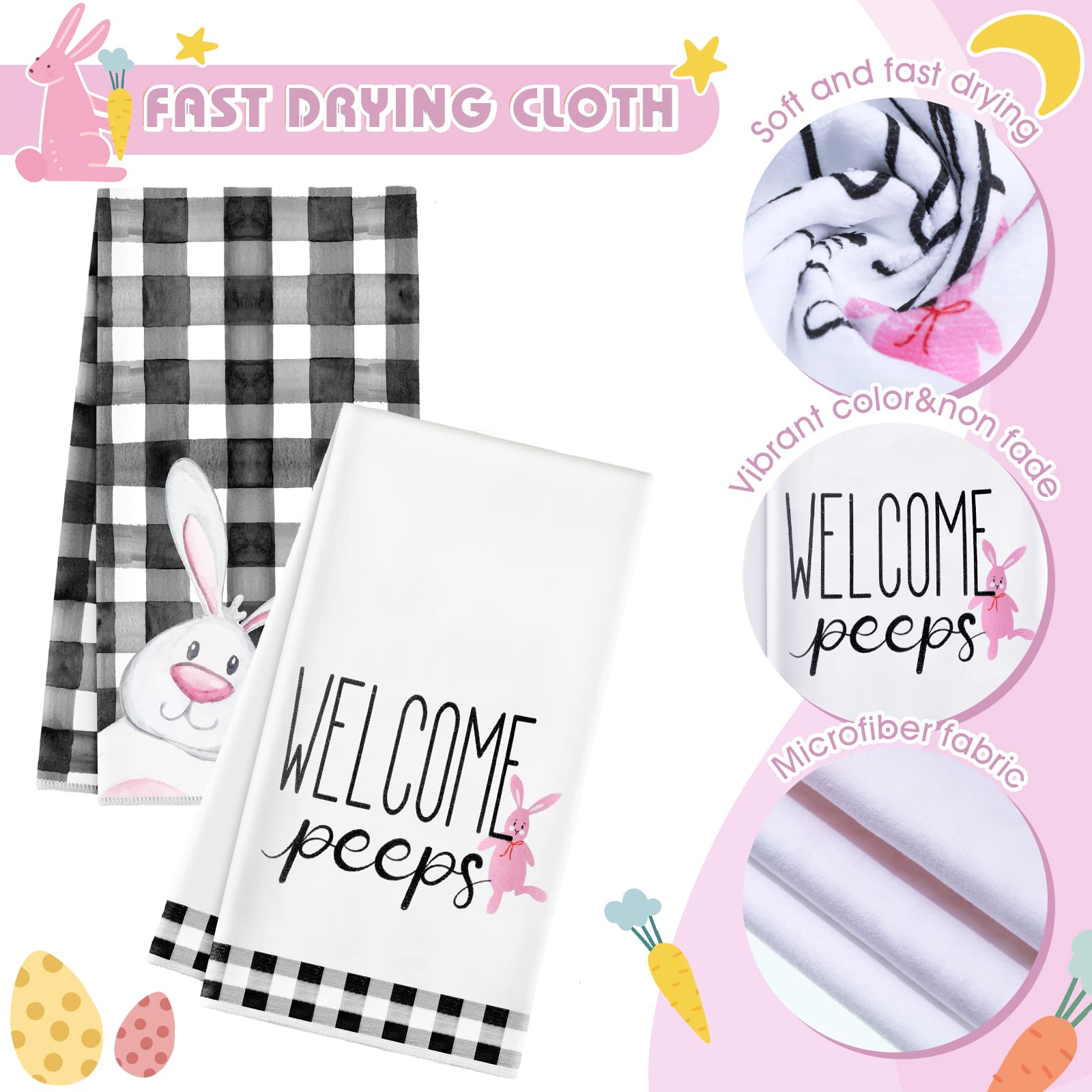 Happy Easter Kitchen Towels Set of 4 Buffalo Plaid Bunny Egg Easter Dish Towels Absorbent Drying Holiday Tea Towels Decorative Dish Cloths Easter Hand Towels for Home Decor Farmhouse Housewarming Gift