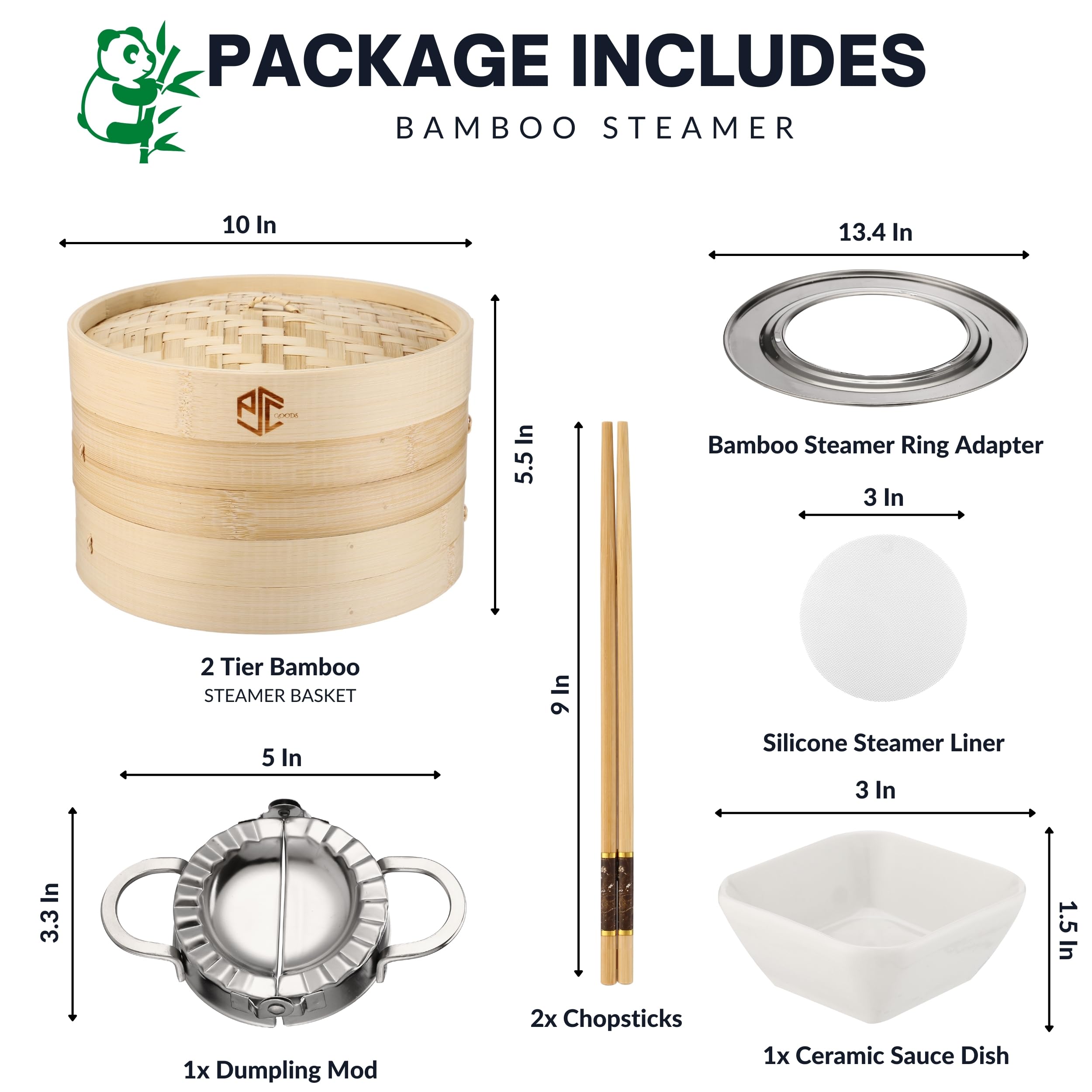 PSC GOODS Bamboo Steamer Basket | 2-Tier Handmade Basket Dumpling Steamer Basket-Traditional Design Steamer Basket for Cooking Dumpling Bao Bun, Rice Potsticker Steaming Chinese Asian Food & Vegetables