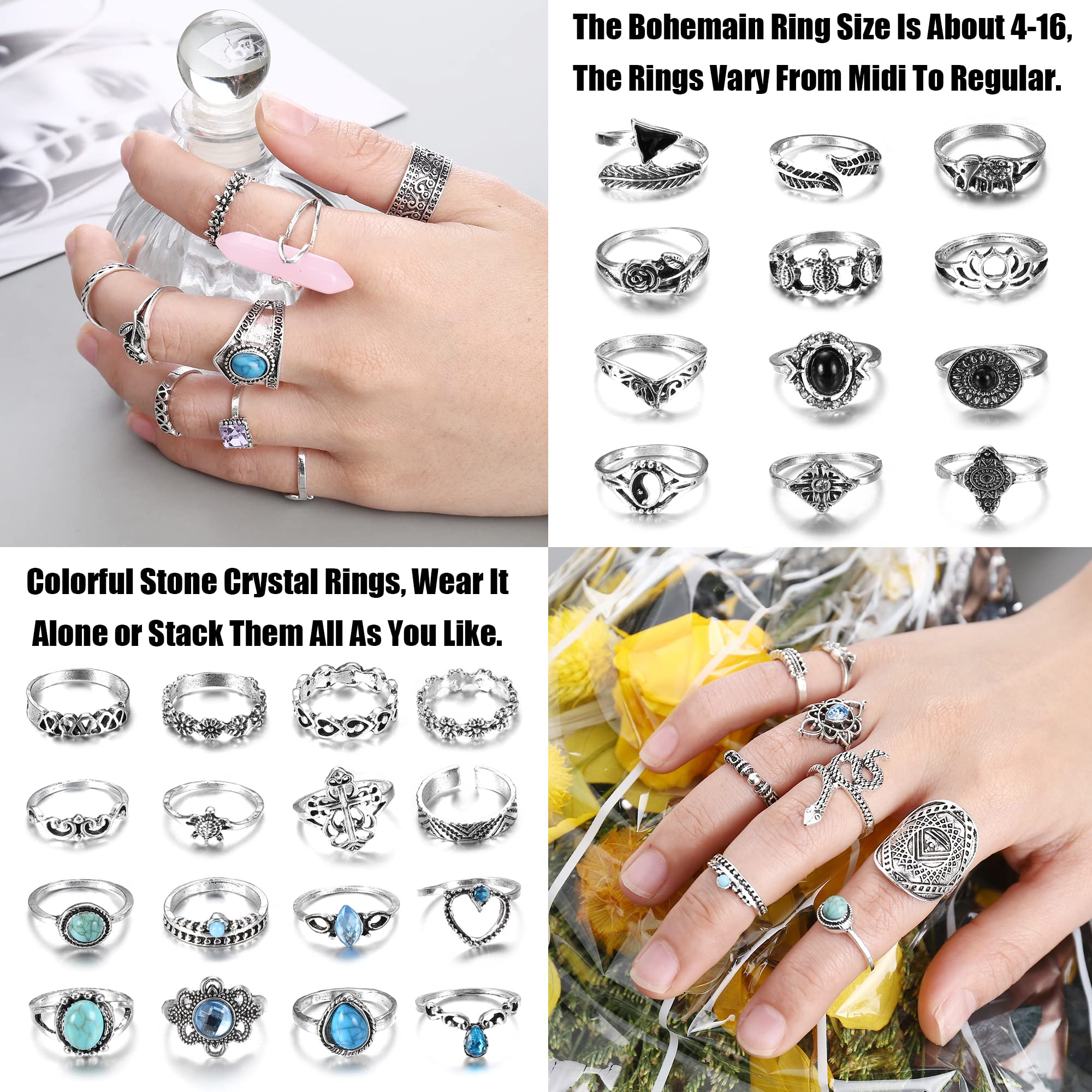 FASACCO 90Pcs Vintage Silver Knuckle Rings Set for Women Men Bohemian Stackable Joint Finger Rings Goth Hippie Punk Boho Butterfly Snake Retro Stone Crystal Stacking Midi Rings Pack