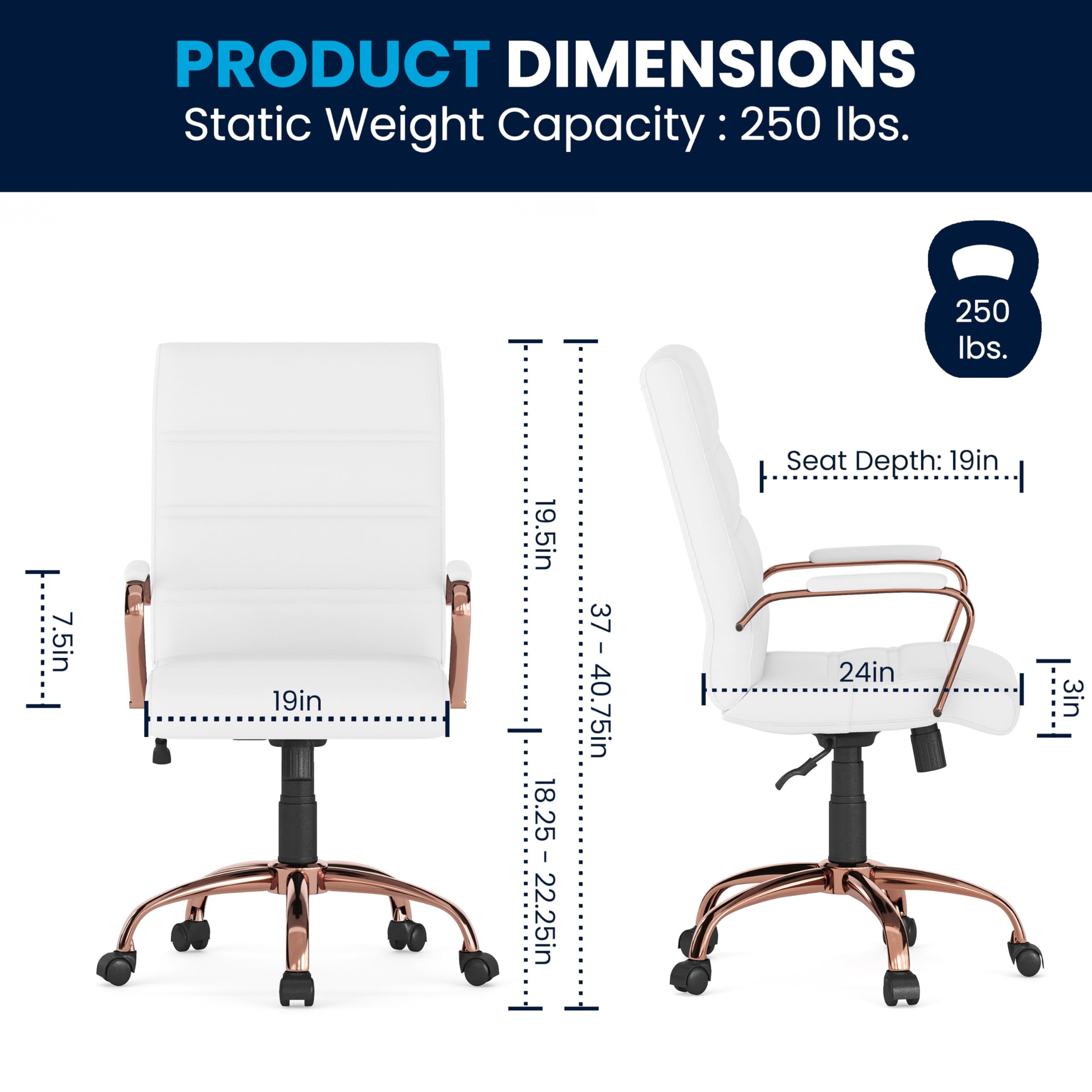 EMMA + OLIVER Mid-Back White LeatherSoft Executive Swivel Office Chair - Rose Gold Frame/Arms