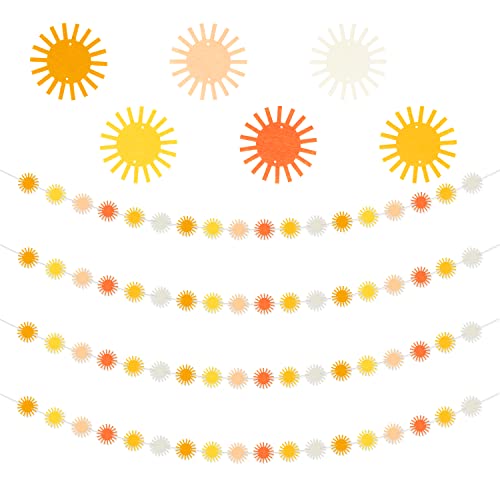 G1ngtar Boho Sun Garland Felt Artificial First Trip Around The Sun String Banner Hippie Boho Muted Sun Party Supplies Aesthetic Indoor Outdoor Party Decoration for Baby Shower Wedding, 4Pcs