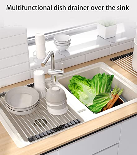 HEREOF Roll Up Dish Drying Rack for Kitchen Counter, Rolling Stainless Steel Sink Drying Mat Foldable Drainer for Kitchen Organization and Storage 17.5x11.8