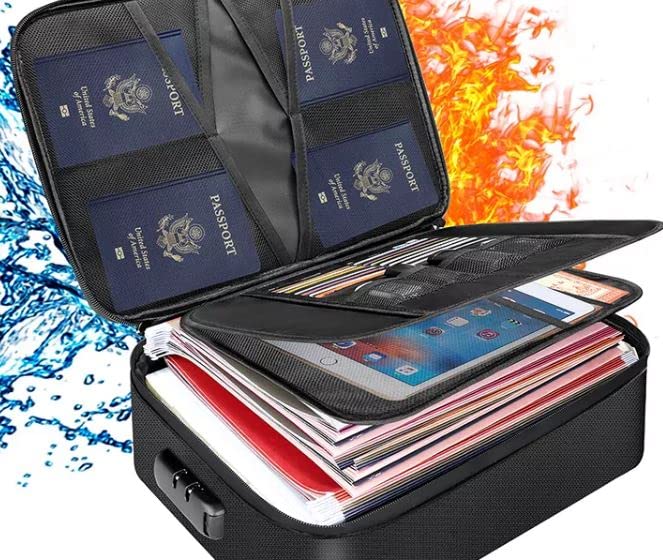Fireproof Document Bag, Waterproof 3-Layer File Organizer with Lock, Travel Safe Money Bag with Shoulder Strap Portable Filing Storage Box for Important Valuables Certificates,Documents,Black