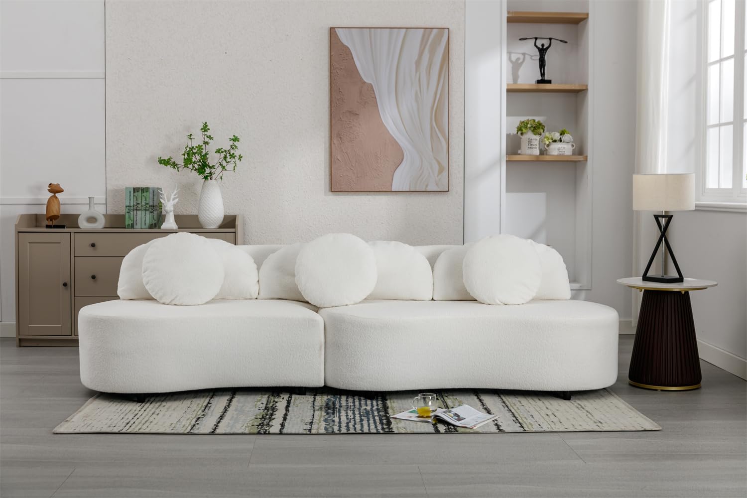 Polibi 103.9" L Modern Sofa with 3 Pillows, Velvet Upholstered Couch Unique Curved Shape for Living Room, Bedroom, Office, Beige