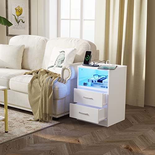 PrimeZone LED Nightstand with Charging Station - Modern End Table Bedside Table with USB Ports & Outlets, Wooden Bedroom Night Stand with 2 Drawers & Open Storage, White