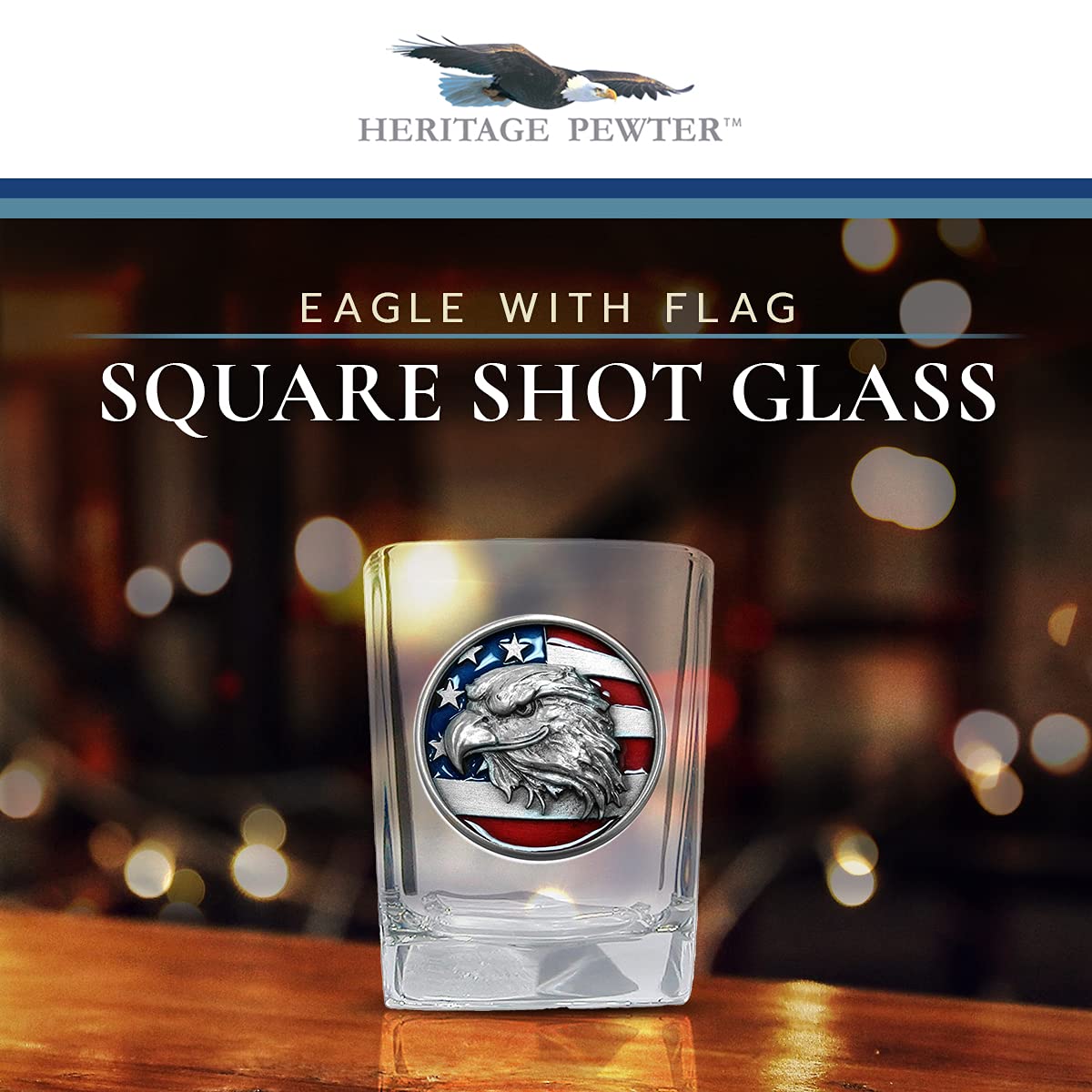 Heritage Pewter Eagle with Flag Square Shot Glass | Hand-Sculpted 1.5 Ounce Shot Glass | Intricately Crafted Metal Pewter Inlay