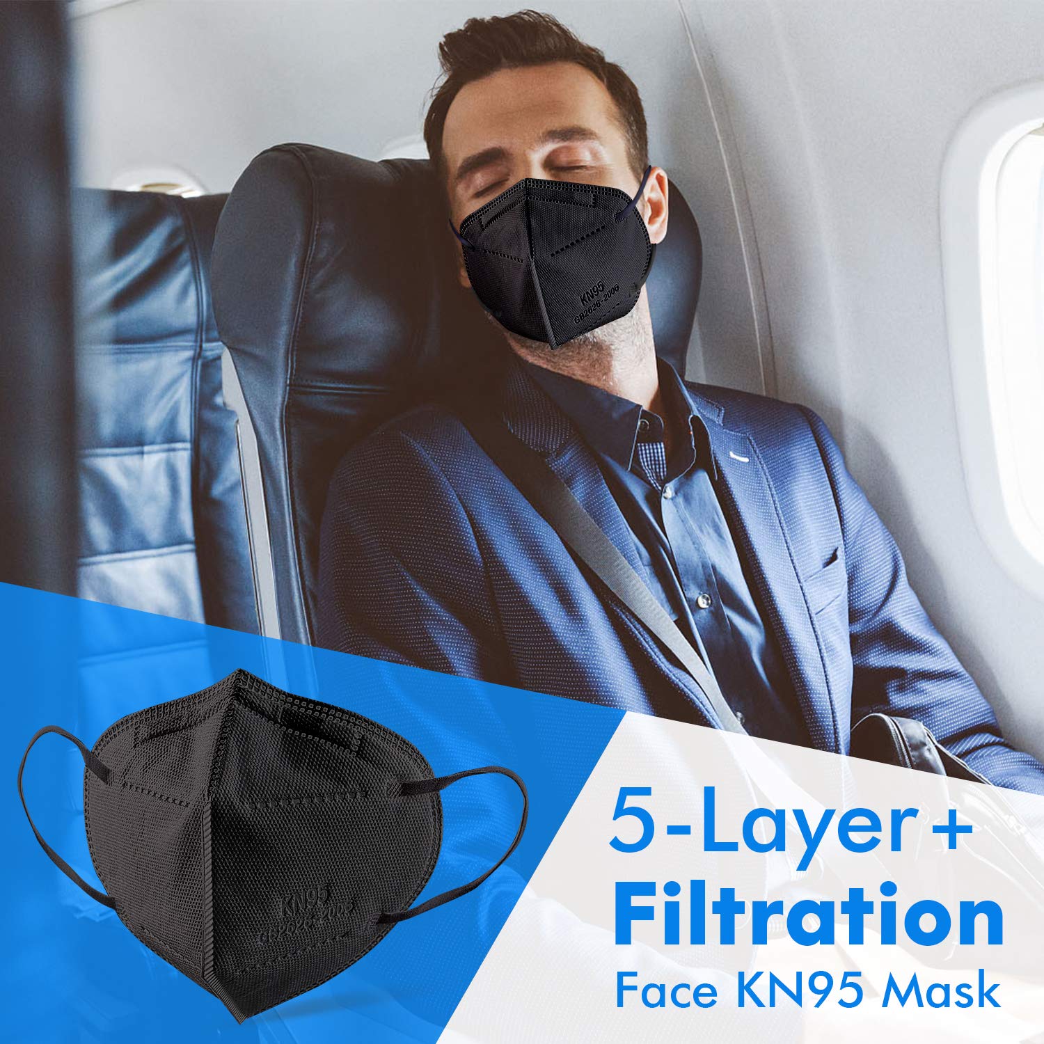 Enlove KN95 Face Masks Black 50 Pack, 5-Layer Filter Face Mask