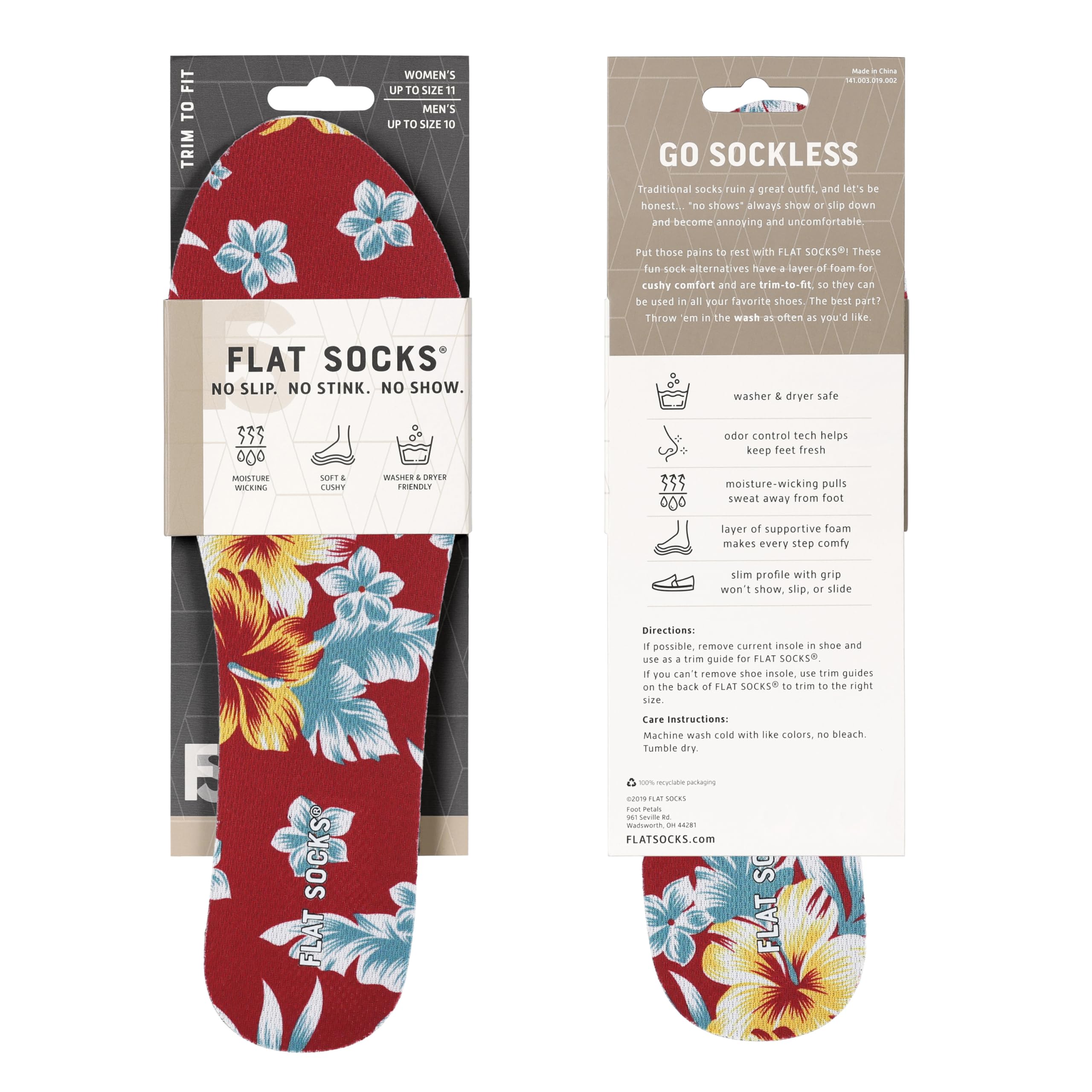 FLAT SOCKS No Show Socks, Sockless Shoe Liner, No Slipping, No Stinking, Washable Barefoot Shoe Insert for Men and Women, Fineapple, Small