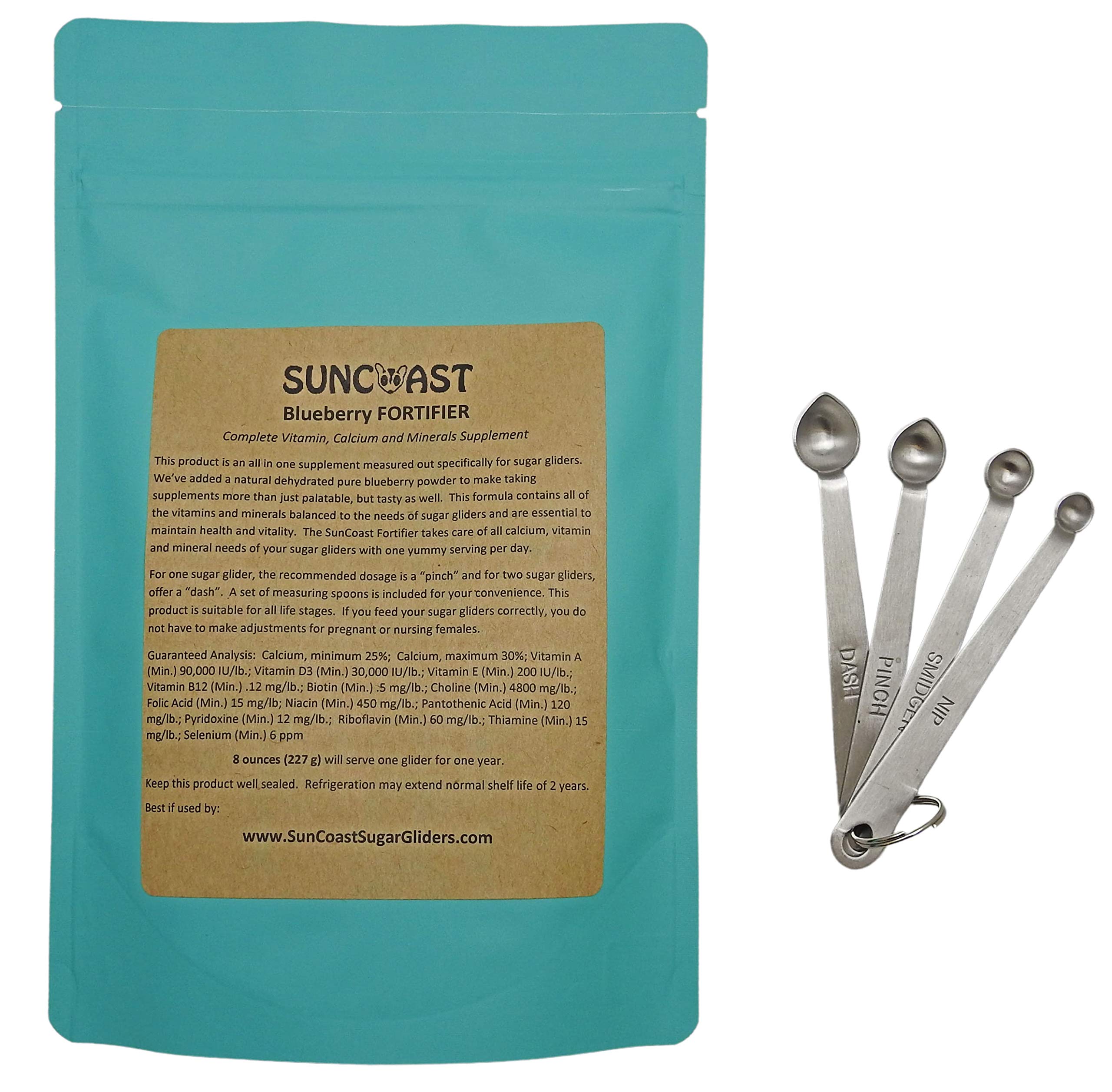 SunCoast Sugar Gliders Blueberry Fortifier Complete Vitamins and Calcium with Free Stainless Steel Measuring Spoons