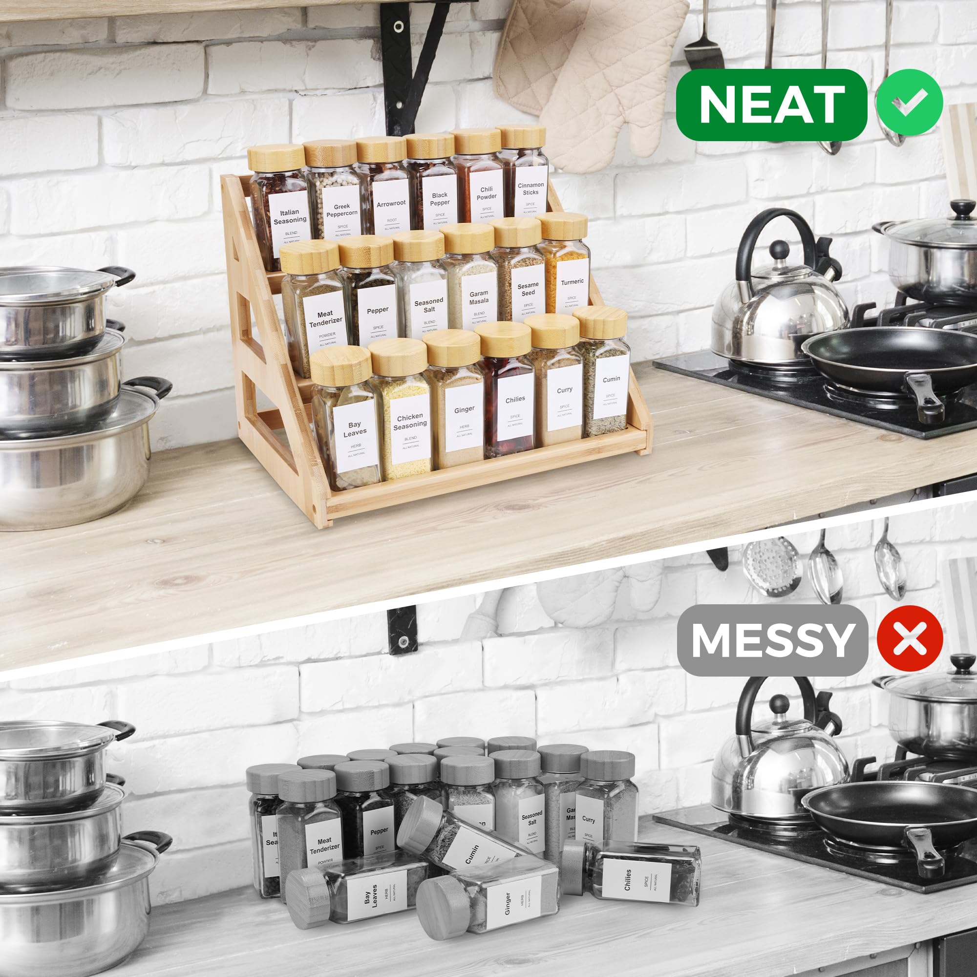 MNADSFKJ Spice Rack Organizer for Cabinet, 3 Tier Spice Rack, Bamboo Spice Organizer for Kitchen Cabinet, Pantry and Countertop Organization- Natural