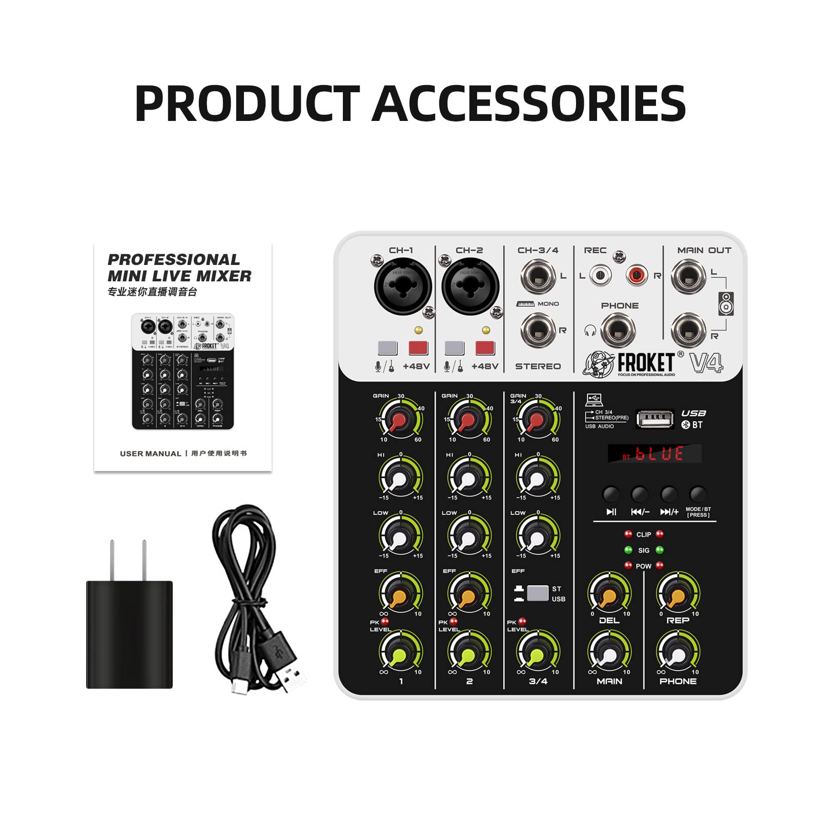Forket V4 High-Fidelity Audio Mixer and USB Audio Interface - Portable DJ Console and Audio Console for Recording, Streaming, and Live Performances