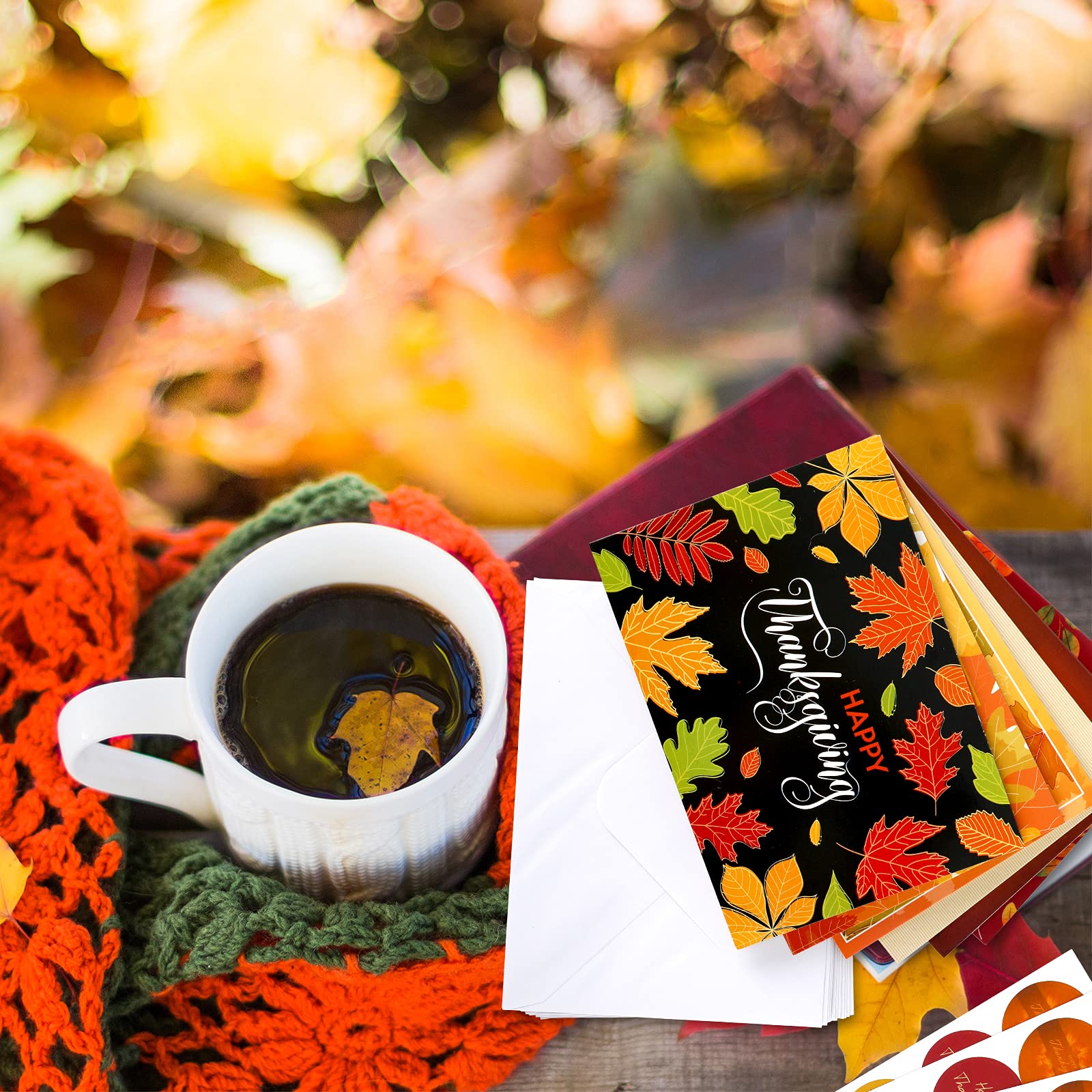 Whaline 24Pcs Thanksgiving Greeting Cards Assortment with Stickers and Envelopes 5" x 7" Large Happy Thanksgiving Cards Fall Leaves Patterned Thankful Grateful Note Cards for Party Favor Supplies