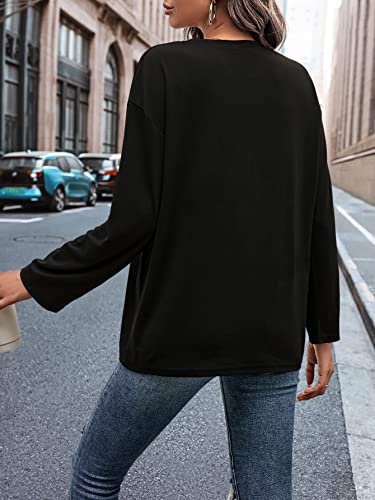 SweatyRocks Women's Crewneck Letter Graphic Loose Long Sleeve T-Shirts Spring Simple Casual Comfy Tee Tops Shirts Black XL
