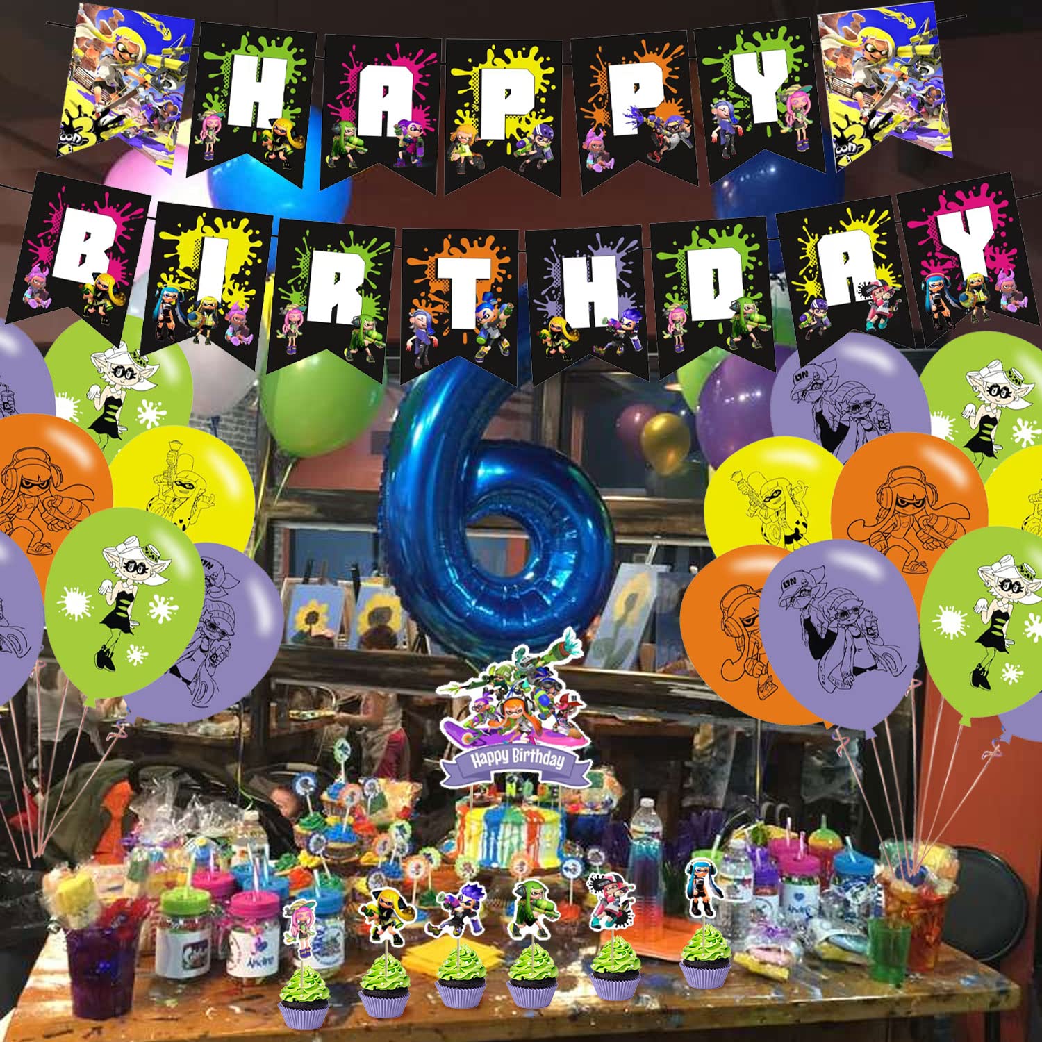 Mnhjkiuo ๐บ๐๐๐๐๐๐๐ 3 Birthday Party Decorations, Video Game Party Supplies with Happy Birthday Banner, Cupcake Cake Toppers, Balloons for Kids Adults Birthday Party Baby Shower Decorations