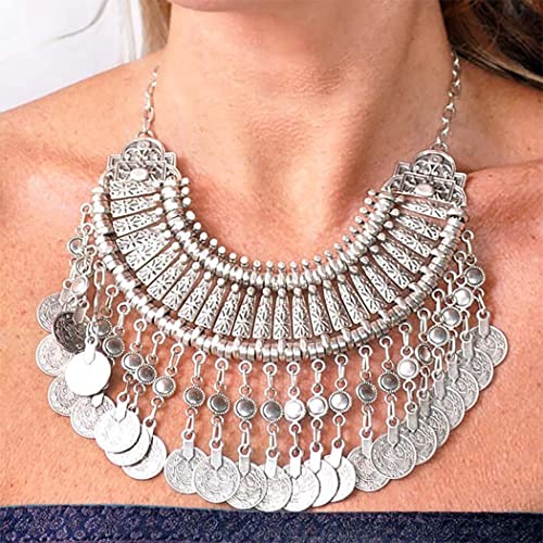 Flatser Boho Chunky Necklaces Silver Coin Collar Choker Tassel Statement Chain Prom Party for Women and Girls