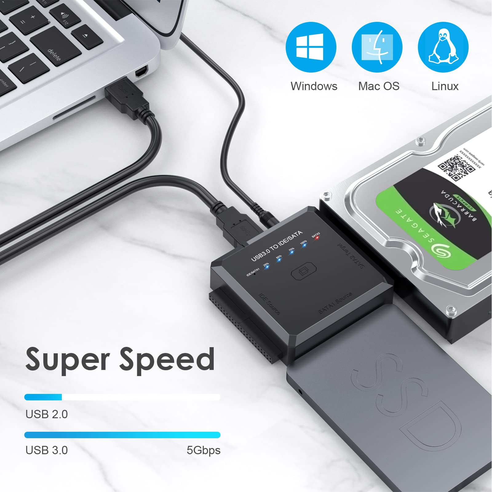 Hard Drive Reader, SATA/IDE to USB 3.0 Adapter External Hard Drive Ultra Recovery Converter for 2.5/3.5 HDD/SSD Hard Drive, Included 12V/2A Power Adapter