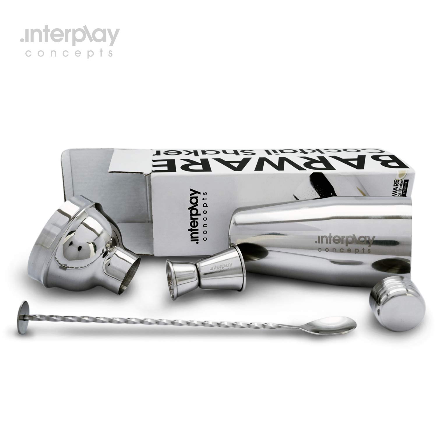 Interplay Concepts 25oz Cocktail Shaker - Large Drink Shaker for Perfect Drinks - Stainless Steel Martini Shaker with Built in Strainer, Jigger & Spoon - Professional Cocktail Shaker Set for Mixing