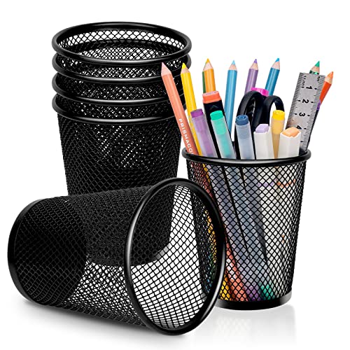 Pen Holder, Mesh Pencil Pen Holder Cup, for Desk Office Pen Organizer, Black Round Pencil Holder for School, Home, Office and other Office Desk Organizers (6 Pack)