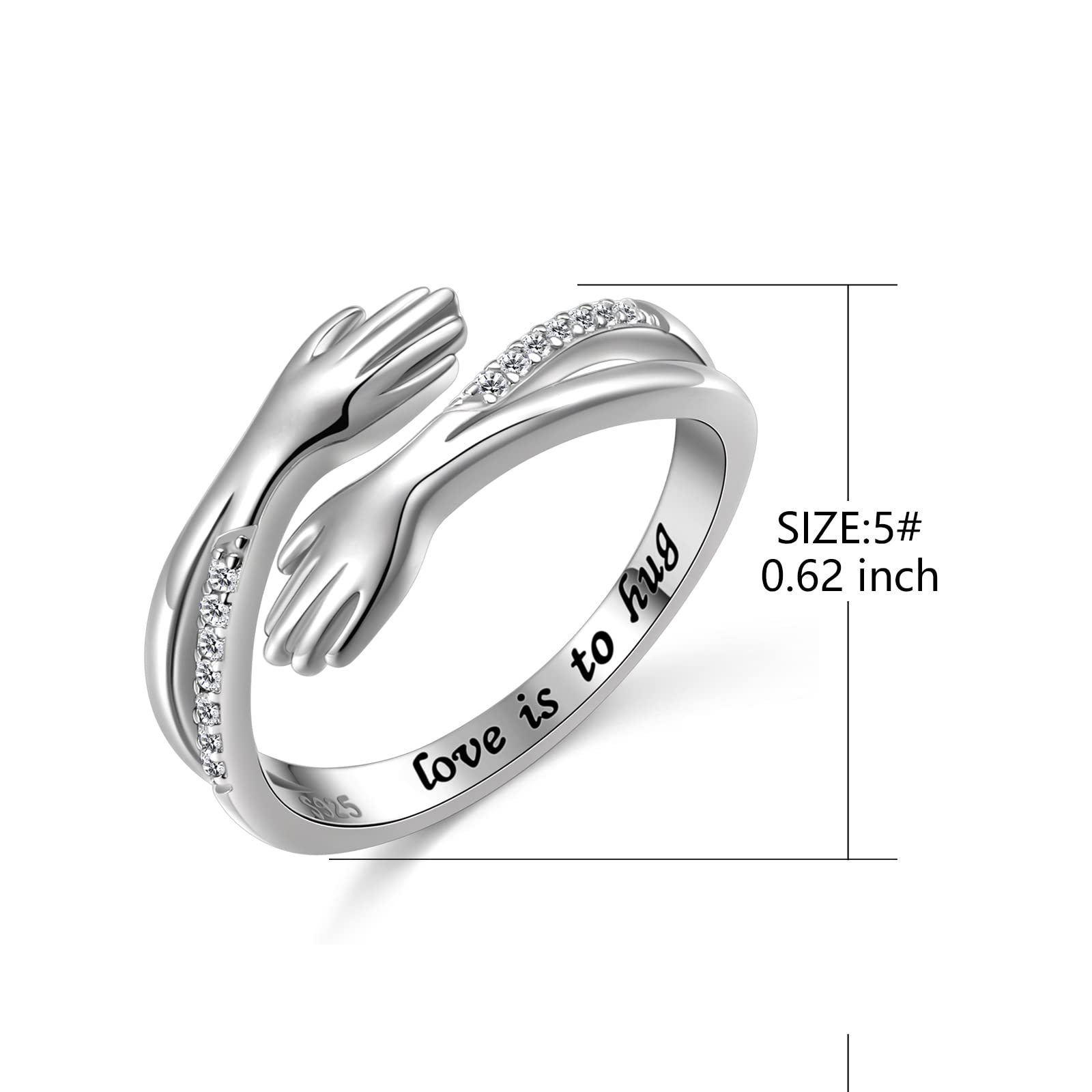 Hug Ring, 925 Sterling Silver Hugging Hands CZ Open Ring Engraved Love is to Hug Embrace Statement Promise Anniversary Ring, US Size: 5