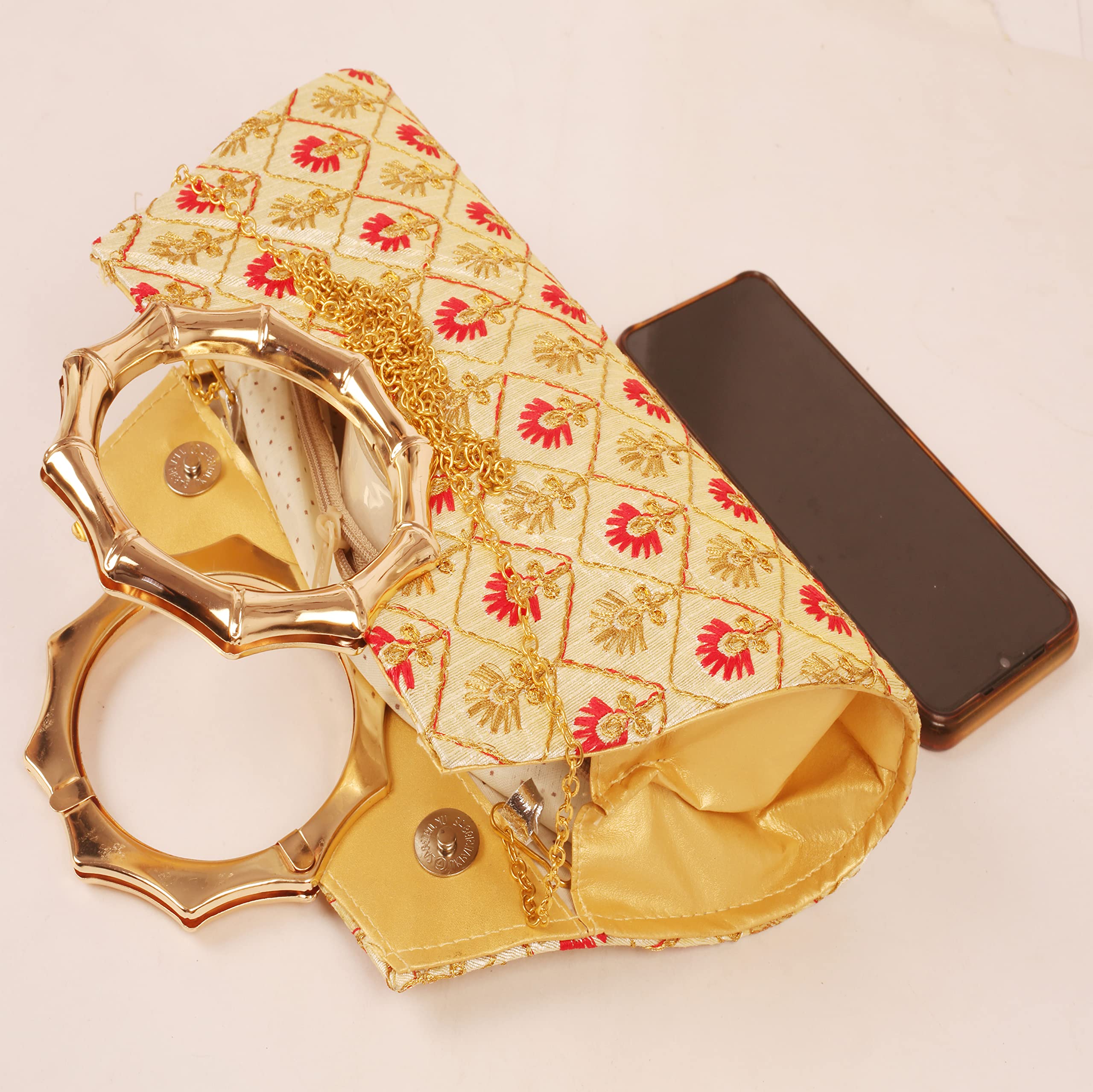 INDTRESOR beaded handcrafted embroidered evening purse handbag vintage party wedding gift for women. Cream Red Gold