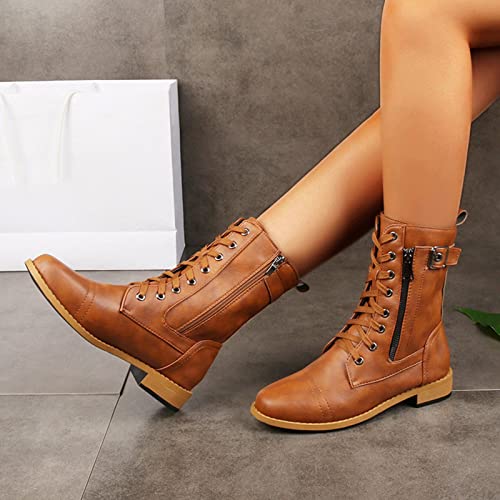 FASDNENDYS Boots for Women Low Heel Heel Side Motorcycle Chunky Boots Shoes for Women Zipper Cowboy Boots 1 Inch Heel Brown