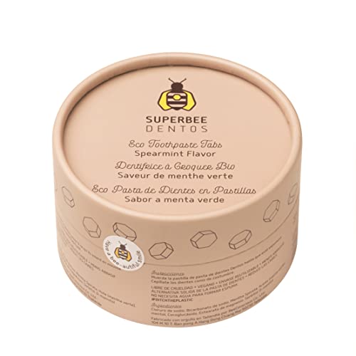 SuperBee Dentos 100 Toothpaste Tablets, Fluoride Free & Eco Friendly, Sensitive Bites for Kids and Adults, Chewable Spearmint