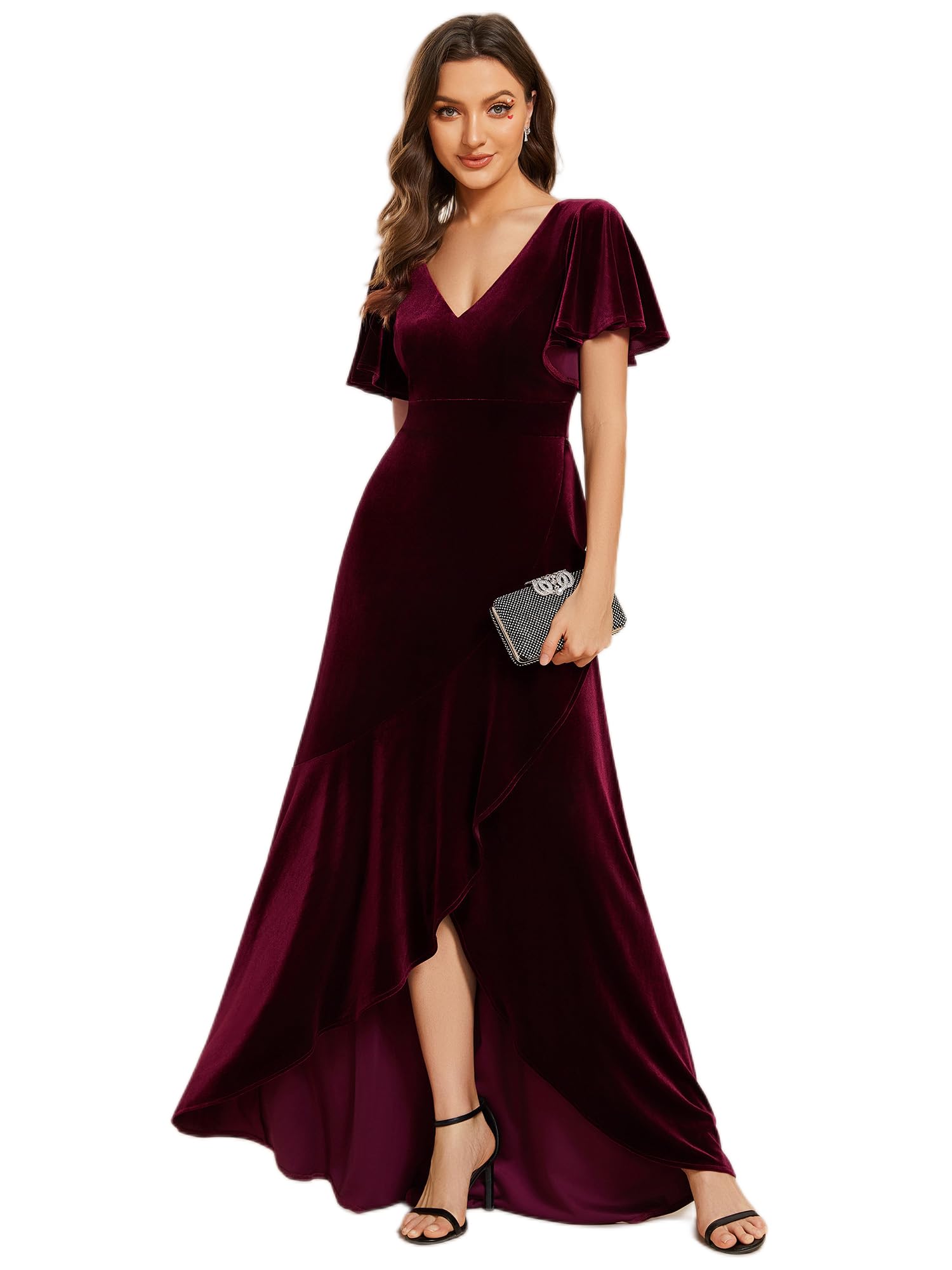 Ever-Pretty Women's Velvet Dress Wrap V Neck High Waist Ruffle Sleeve Church Wedding Guest Party Dresses Burgundy US14
