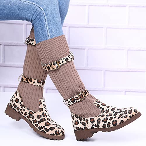 FASDNENDYS Boots for Women Fashion Shoes Warm Knitting Retro Toe Round Warm Keep Middle Strap Womens Garden Boots Size 7 Beige