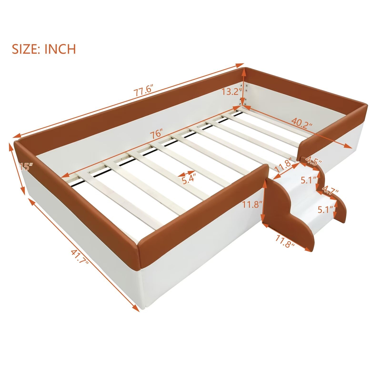 JIJIWANG Twin Size Soft Floor Bed with Stairs, PU Leather Upholstered Grounded Daybed, Low Profile Bed with Slat Support for Kids Boys Girls Teens Adults,(Brown+White)
