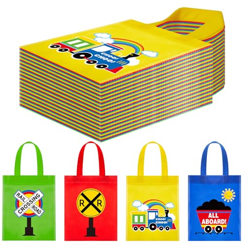 Sweetude 20 Pcs Reusable Mini Train Party Tote Bags 9.84 x 7.87 Inch Train Goodie Candy Favor Bags Train Birthday Party Supplies with Long Handles for Kids Birthday Baby Shower Decoration