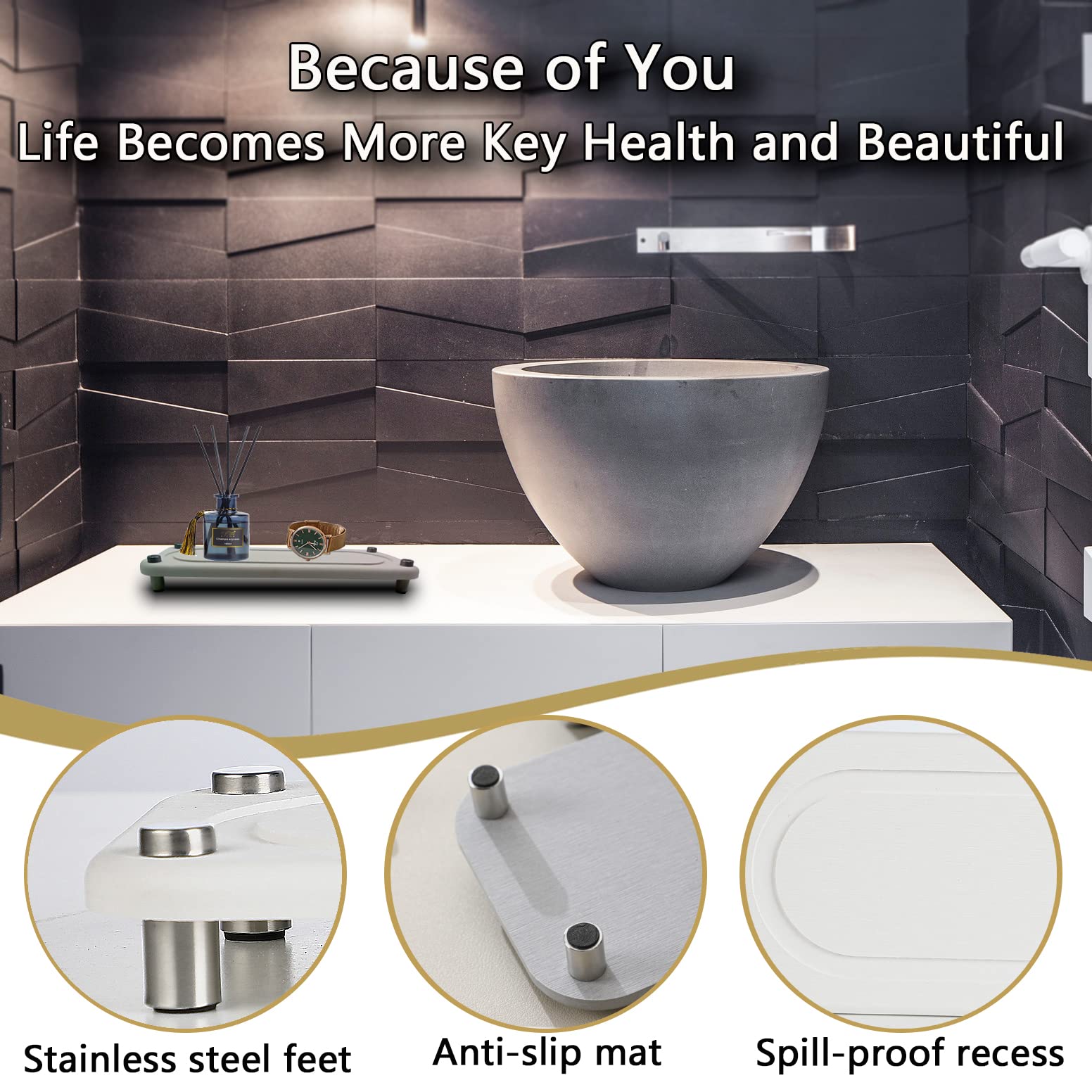 FLYWAKE Instant Dry Sink Organizer, Diatomite Stone Sink Caddy for Kitchen Bathroom Counter Fast Water Absorbing (Grey 2pcs)