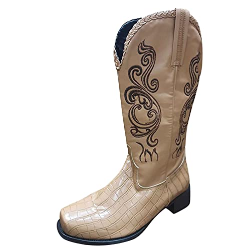 FASDNENDYS Boots for Women with Heel Booties Shoes Heels Women Retro Slip On Round Booties for Women Comfortable Beige