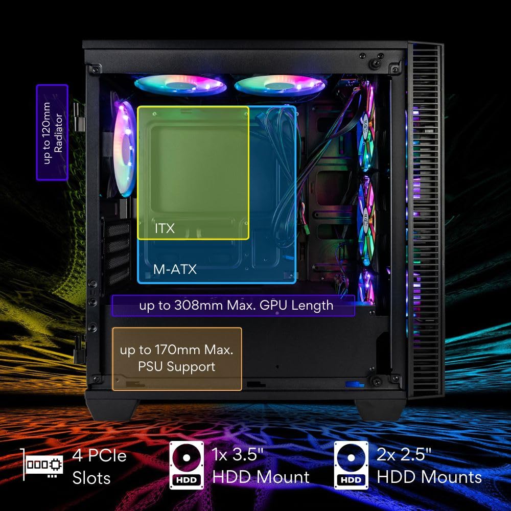 Empowered PC Continuum Micro 26L mATX Mid Tower Gaming Desktop Computer Case with 6 ARGB 600-2000rpm PWM Fans Pre-Installed, Dual Mode (3p Mobo + Remote) Control & ATX PSU & 347x166x89mm GPU Clearance