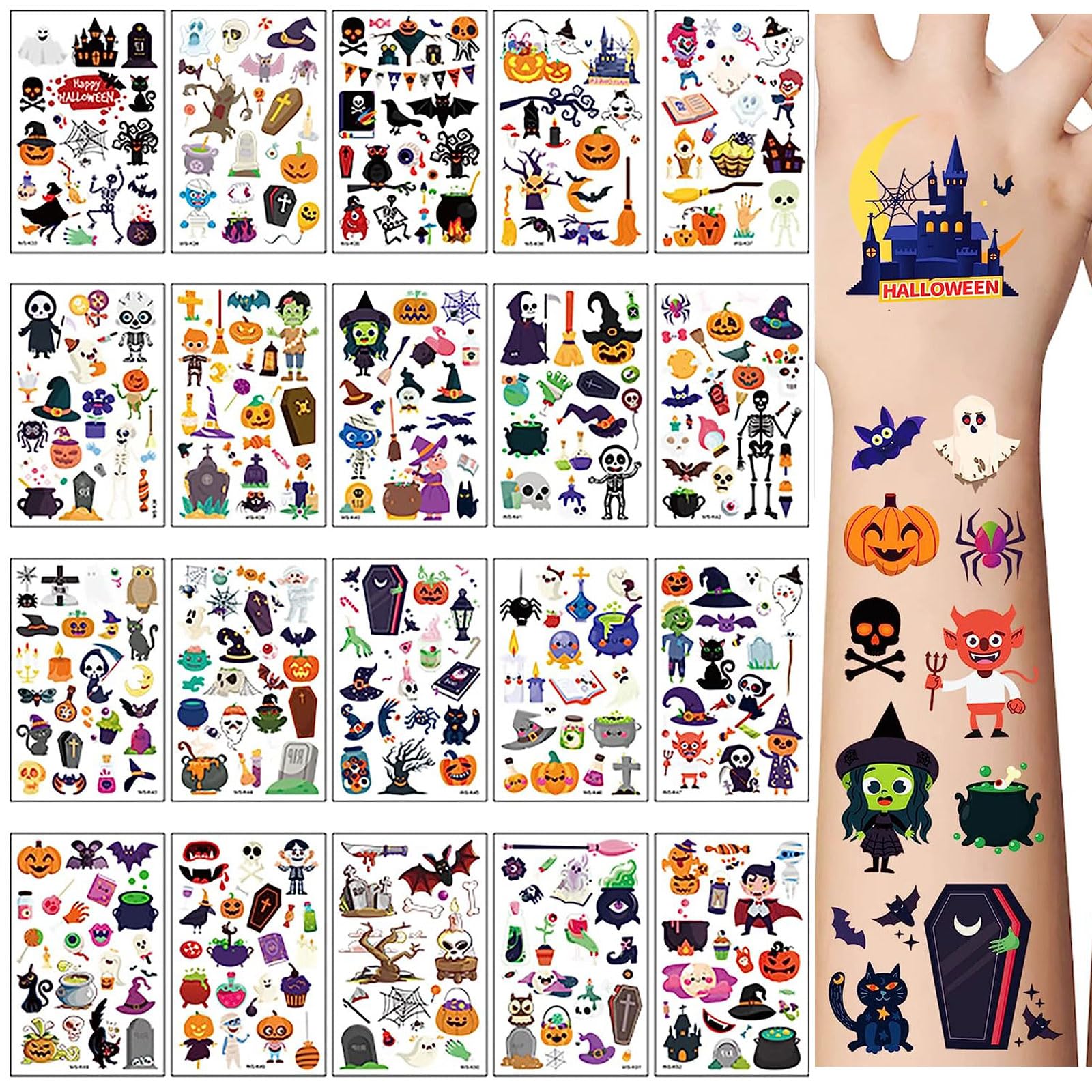 Halloween Temporary Tattoos for Kids, 360PCS Halloween Face Tattoos, Waterproof Cute Cartoon Fake Body Stickers Decorations, Halloween Face Makeup Party Favors Supplies Decor Pumpkin Witch Skull Adult