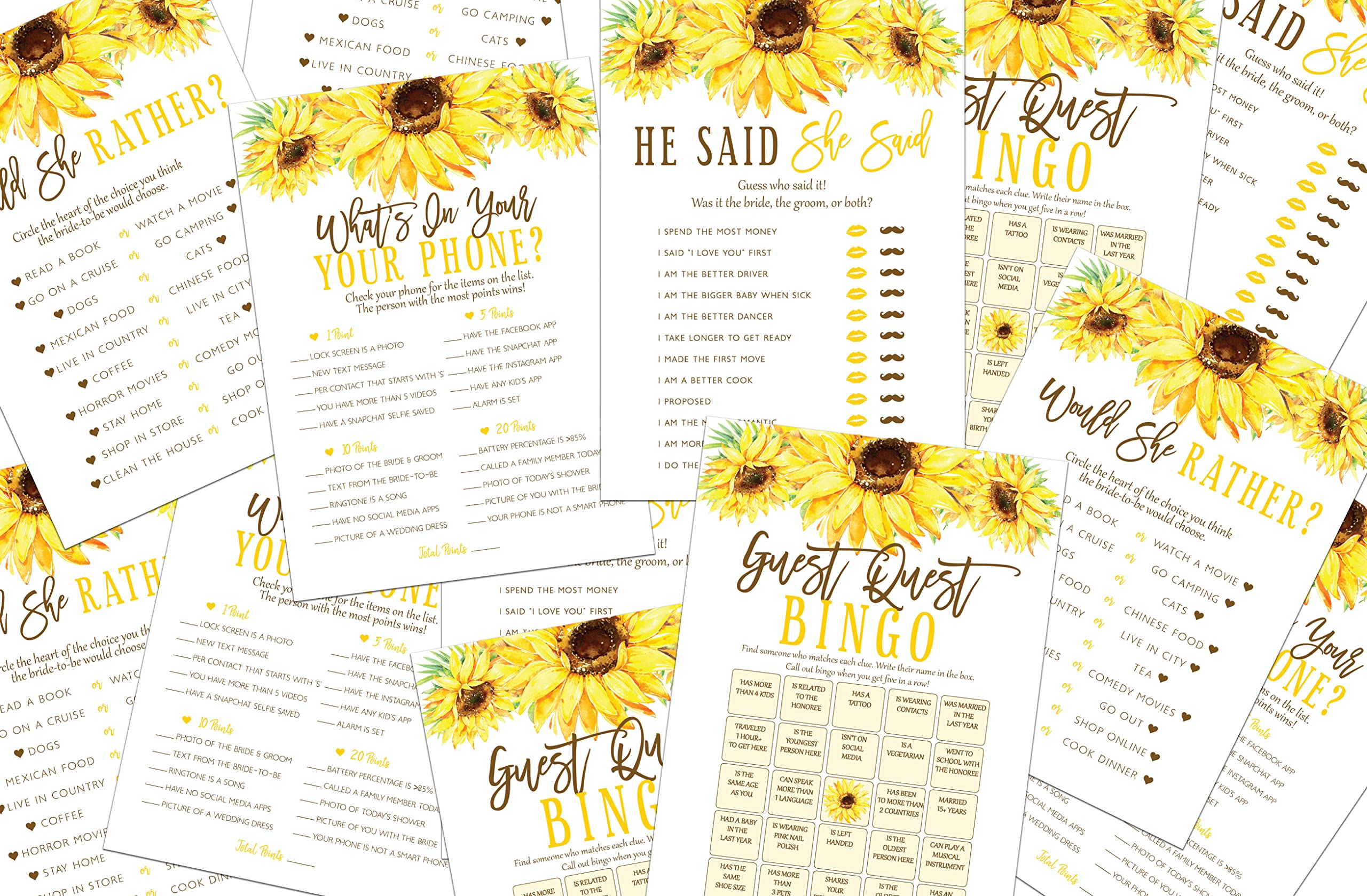 Your Main Event Prints Sunflower Bridal Shower Bachelorette Games - He Said She Said, Find The Guest Quest, Would She Rather, Phone Game - 25 Games Each, Printed Front and Back, 1 Game Per Side