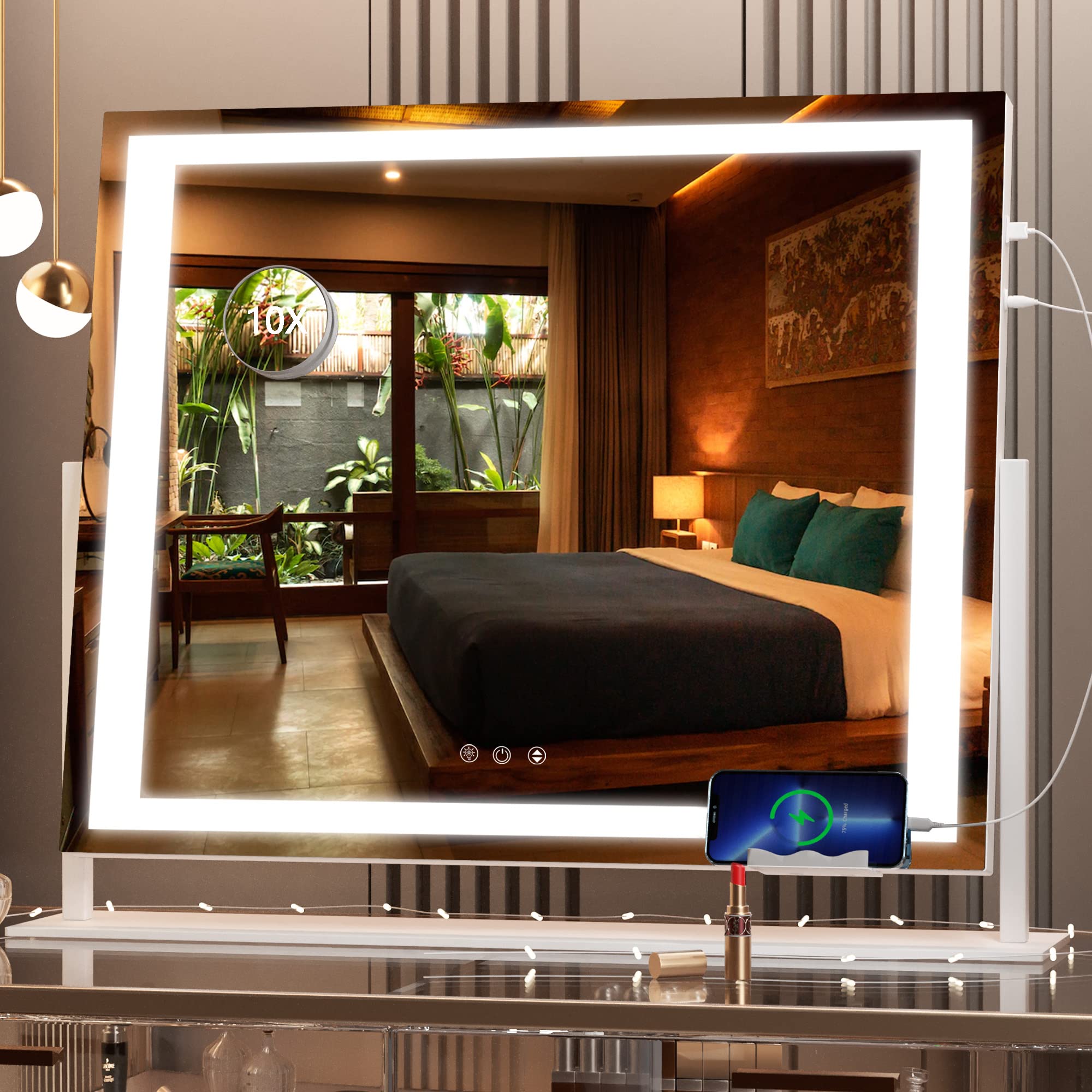 Hasipu Vanity Mirror with Lights, 24.2" x 19.7" LED Makeup Mirror, Light up Mirror with 10X Magnification and USB, Phone Holder, Smart Touch 3 Colors Dimmable, 360° Rotation (Right Angle White)
