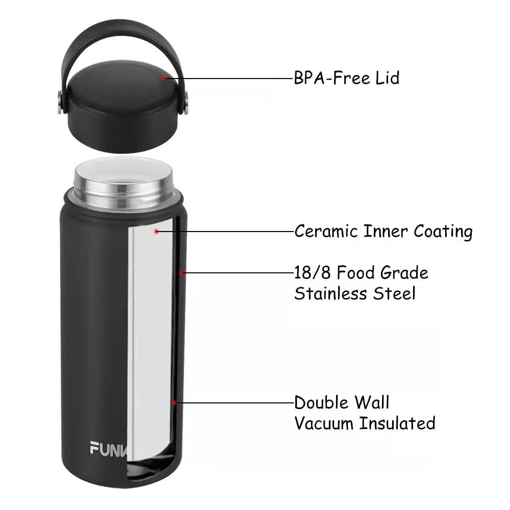 Funkrin Insulated Coffee Travel Mug with Ceramic Coating, 18oz Wide Mouth Flex Cap Water Bottle, Vacuum Stainless Steel Leak-Proof Thermos Tumble Flask Cup for Office School Outdoors
