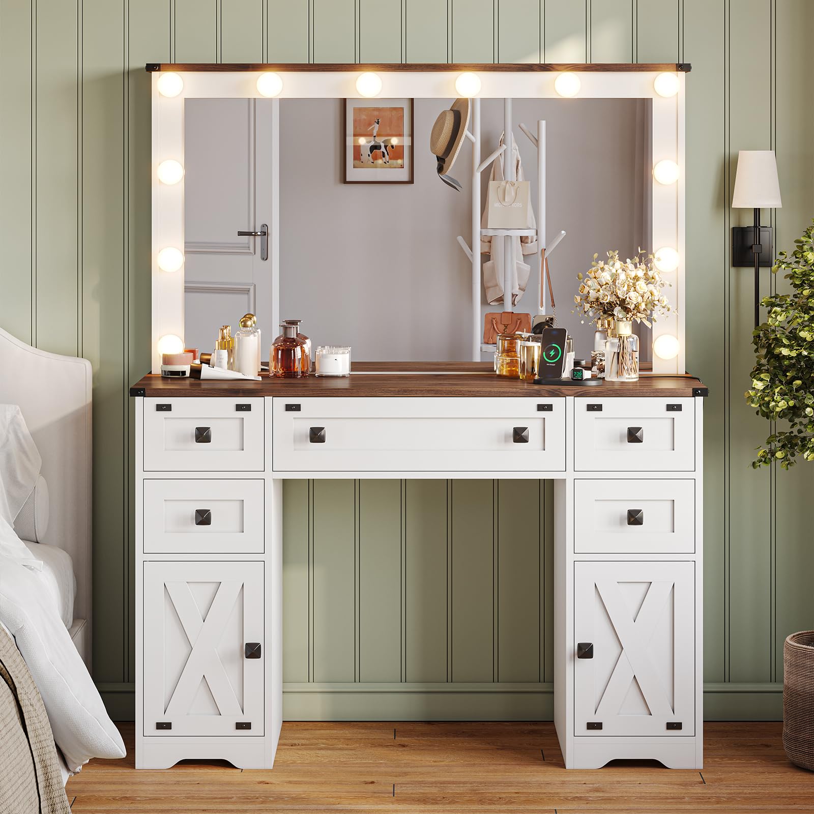 Hasuit Farmhouse Vanity Desk with LED Lights Mirror & Power Outlet 43'' Makeup Vanity Table with 5 Drawers & 2 Cabinets, Dressing Table for Bedroom,3 Color Lighting Modes Adjustable Brightness,White
