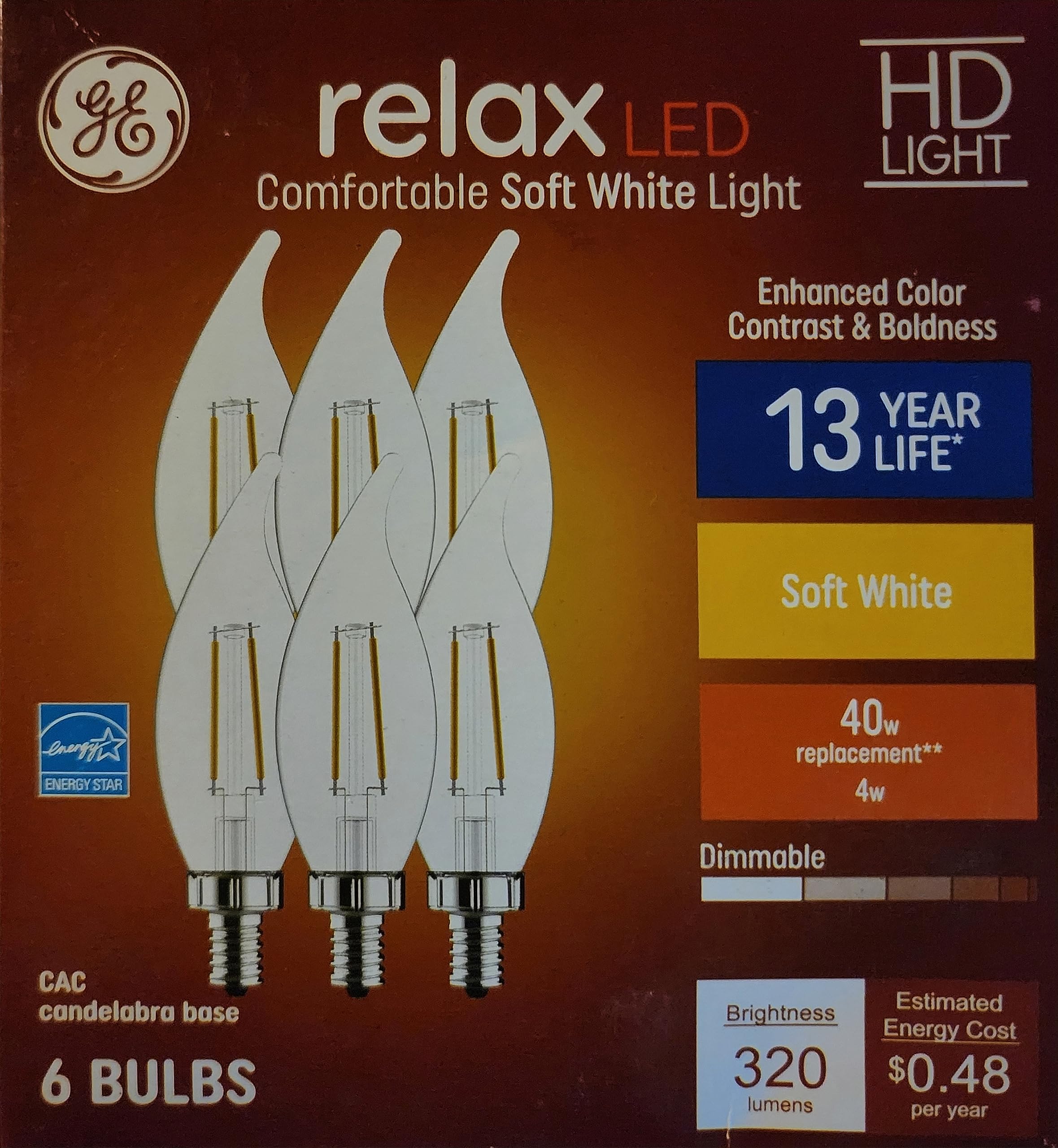 GE Relax 6-Pack 40 W Equivalent Dimmable Soft White Ca11 LED Light Fixture Light Bulbs Decorative Candelabra Antique