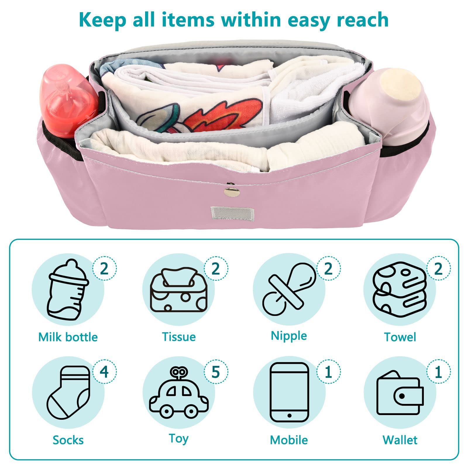 Kigai Azalea Pink Solid Baby Stroller Organizer with Cup Holders, Secure Hooks Accessories Adjustable Strap Stroller Bag for Bottle, Diaper, Phone, Toys, Baby Items