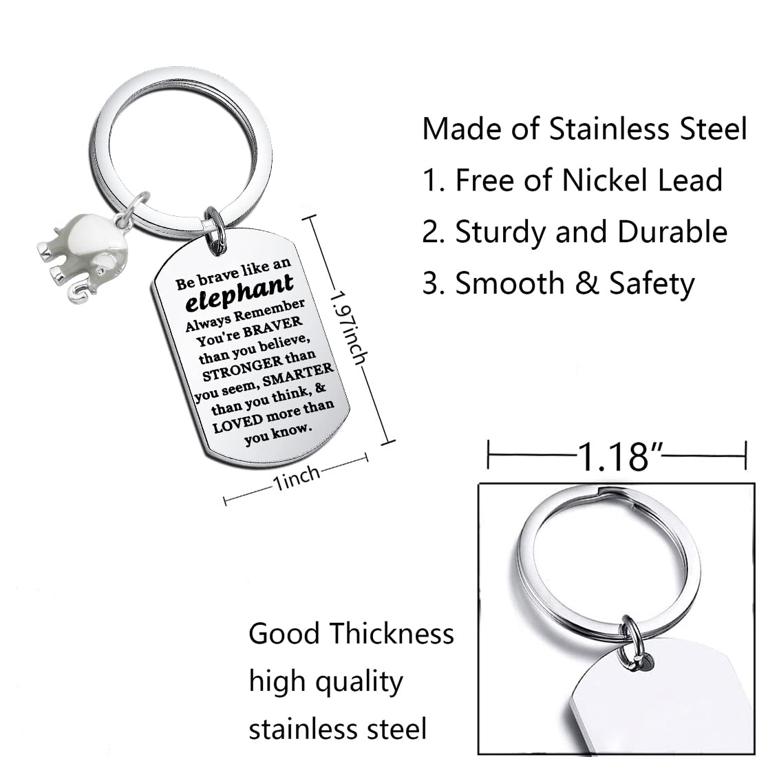 FUSTMW Elephant Gift Keychain Elephant Lover Gift Elephant Inspirational Gift Elephant Charm You Are Braver Than You Believe (Silver)