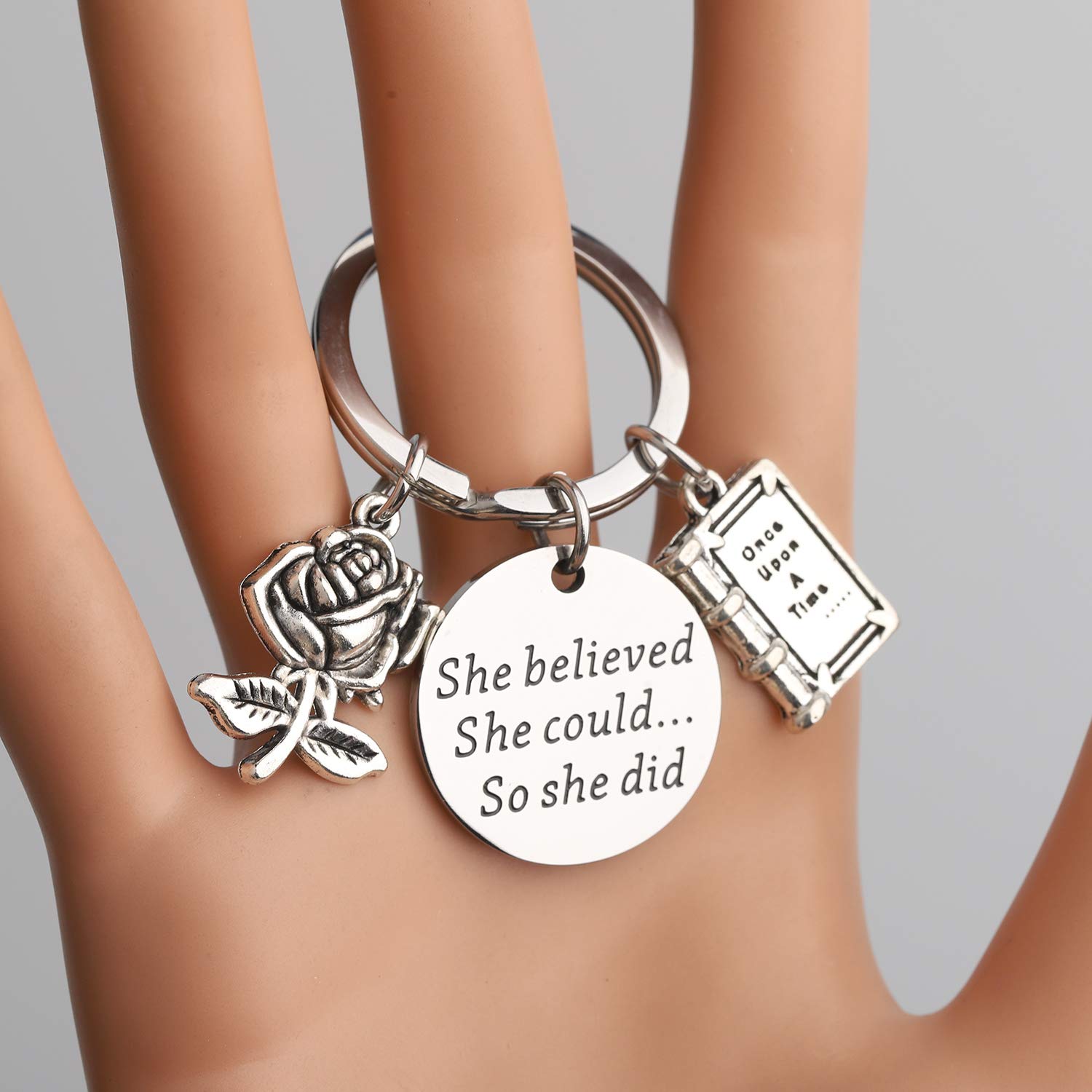 ENSIANTH Inspirational Gift The Beast Jewelry A Tale As Old As Time Keychain Princess Keychain Wedding Gift for Her (She Believed Flower Key)
