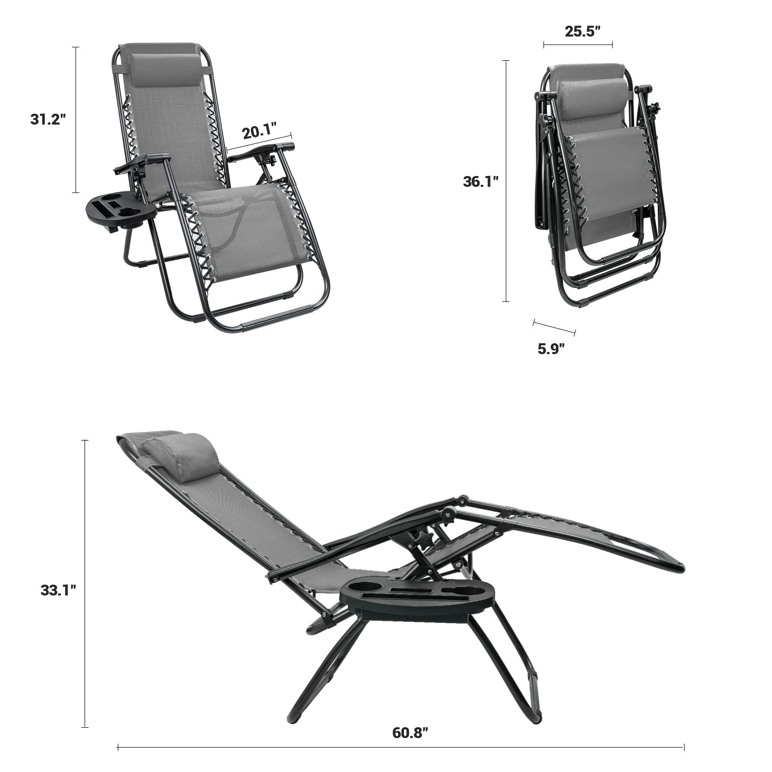 Kemon Zero Gravity Folding Lounge Outdoor Patio Adjustable Reclining Chair with Pillows and Cup Holders for Beach Set of 2, Double Grey